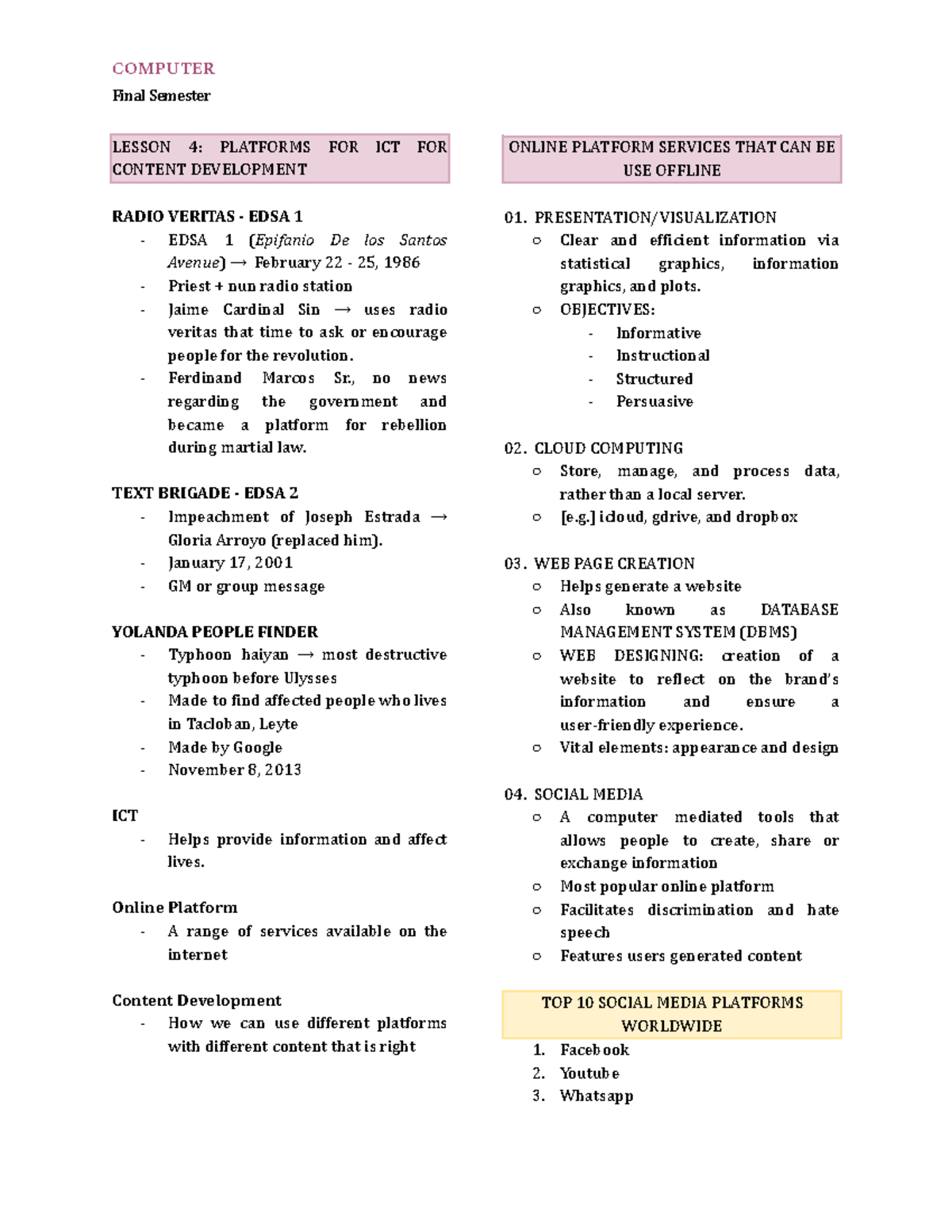 COMPUTER A NOTES - COMPUTER Final Semester LESSON 4: PLATFORMS FOR ICT ...