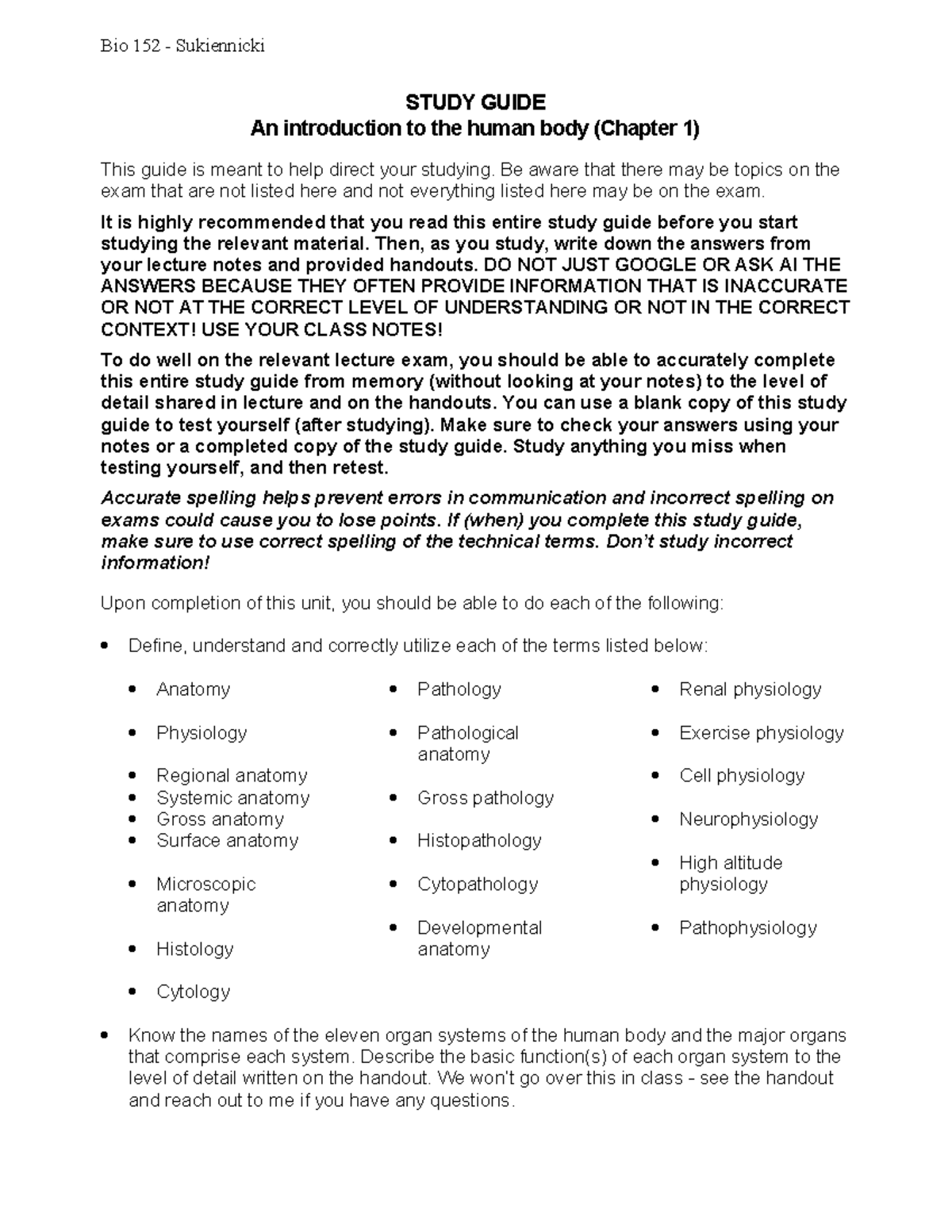 Bio 152 - Sukiennicki Study Guide: Intro to Human Anatomy (Ch 1) - Studocu