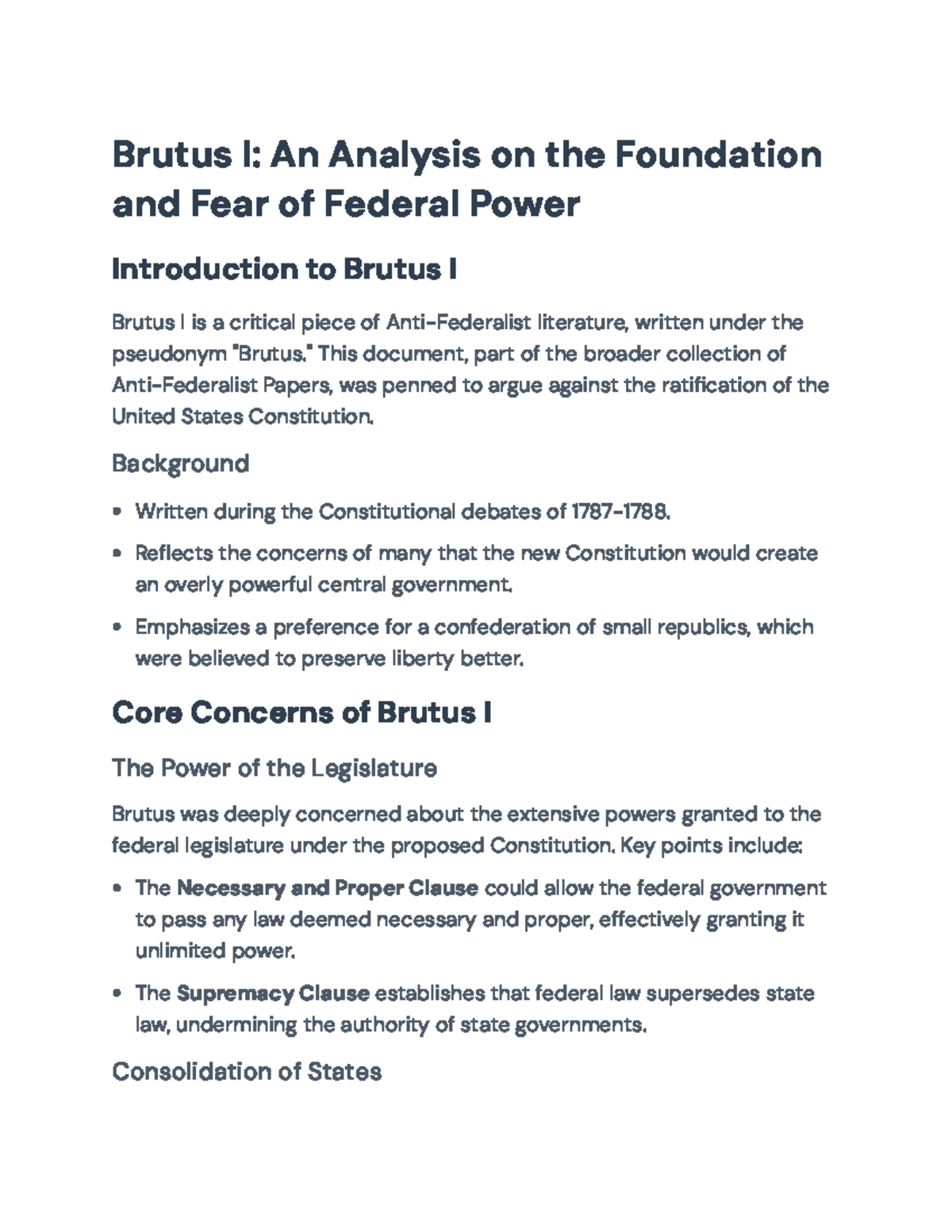 Brutus I: Analyzing the Fear of Federal Power and Anti-Federalist Views ...