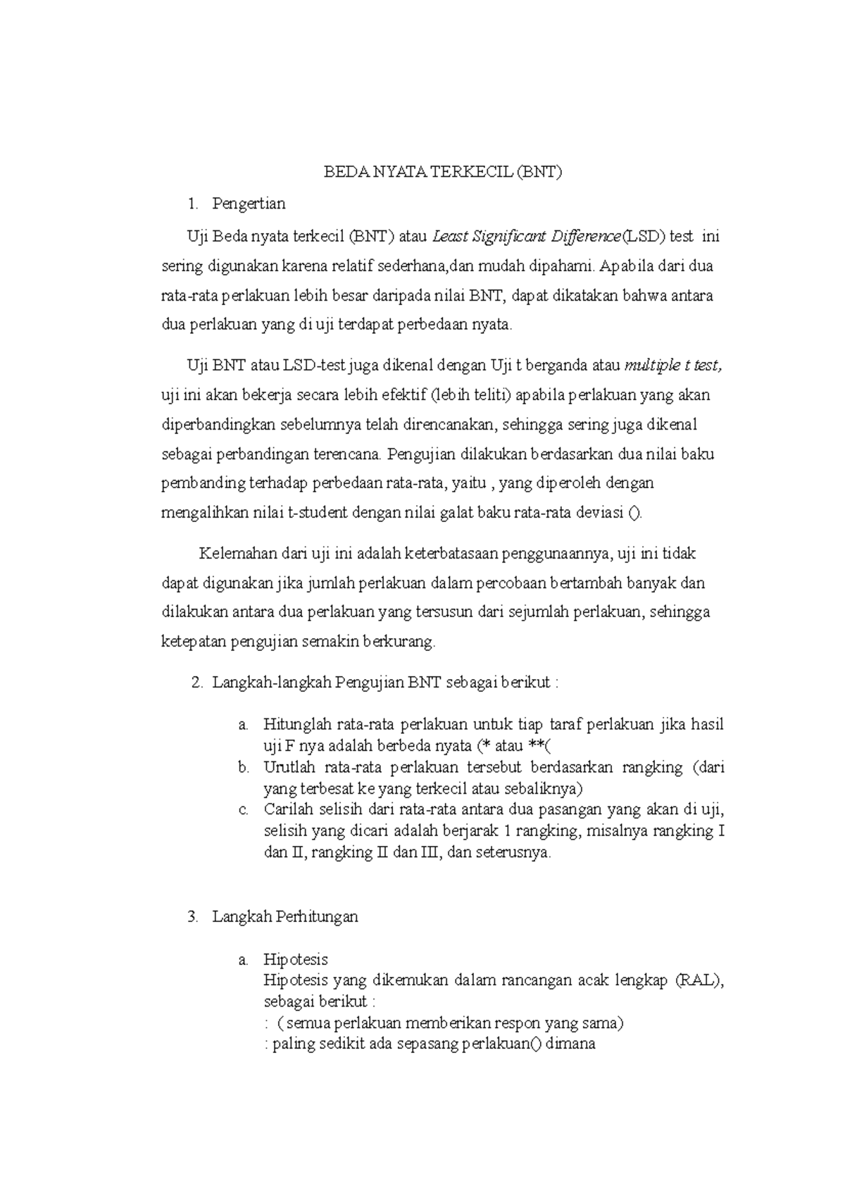 Ujian Beda Nyata Terkecil (BNT): Metode dan Analisis Data - Studocu