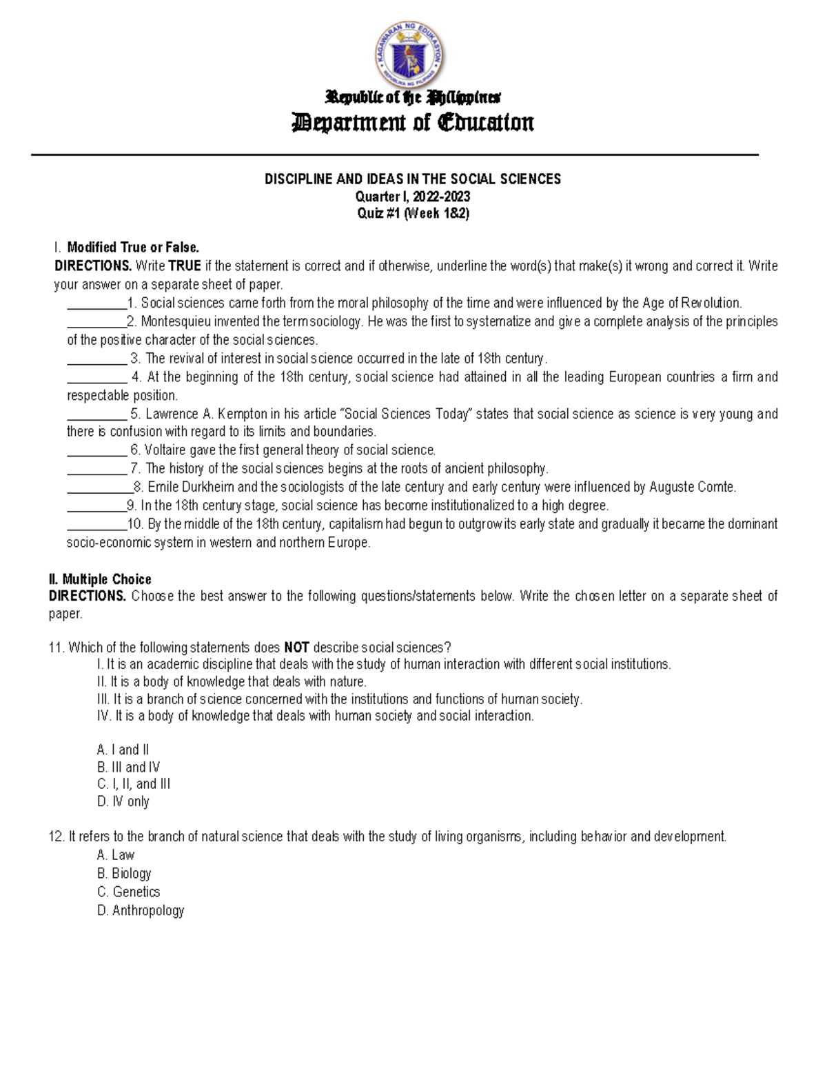 DISS Quiz #1 & #2 - HUMSS Discipline & Ideas in Social Sciences - Studocu