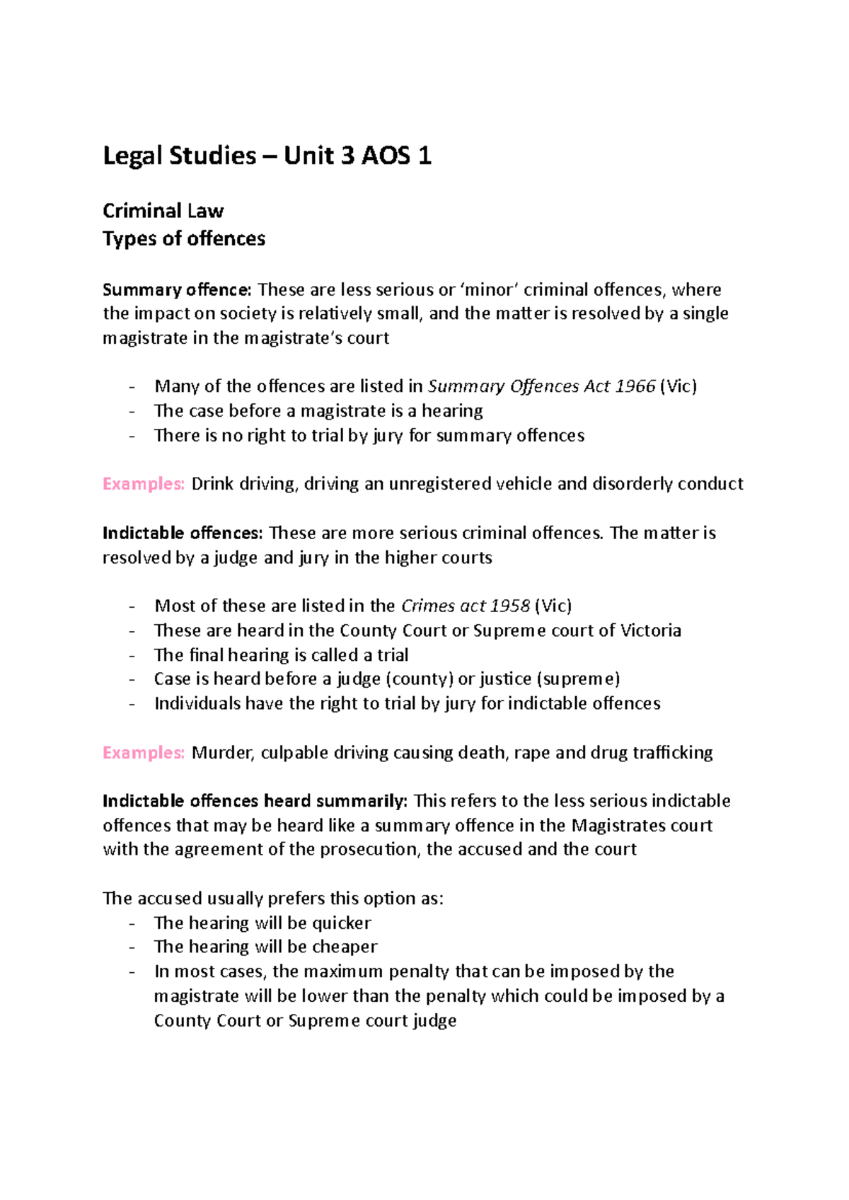 Legal Studies Unit 3 AOS 1: Summary of Criminal Law Offences and ...