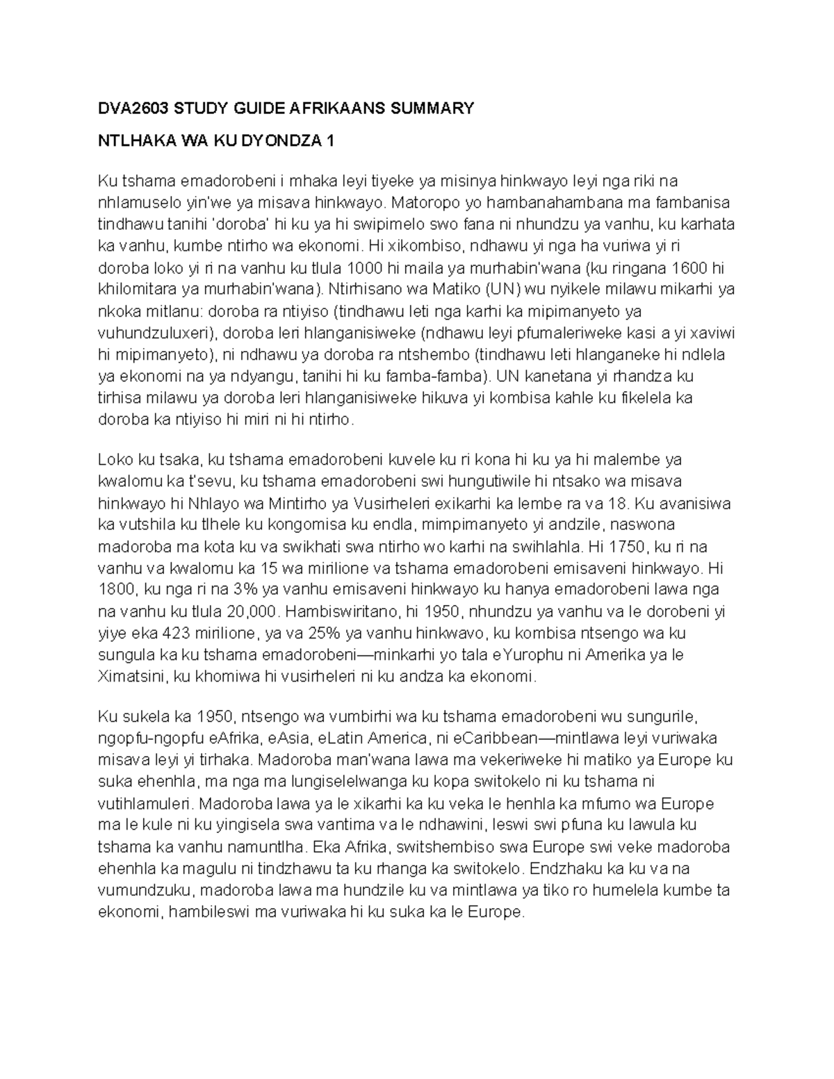DVA2603 STUDY GUIDE: AFRIKAANS SUMMARY AND URBANIZATION INSIGHTS - Studocu