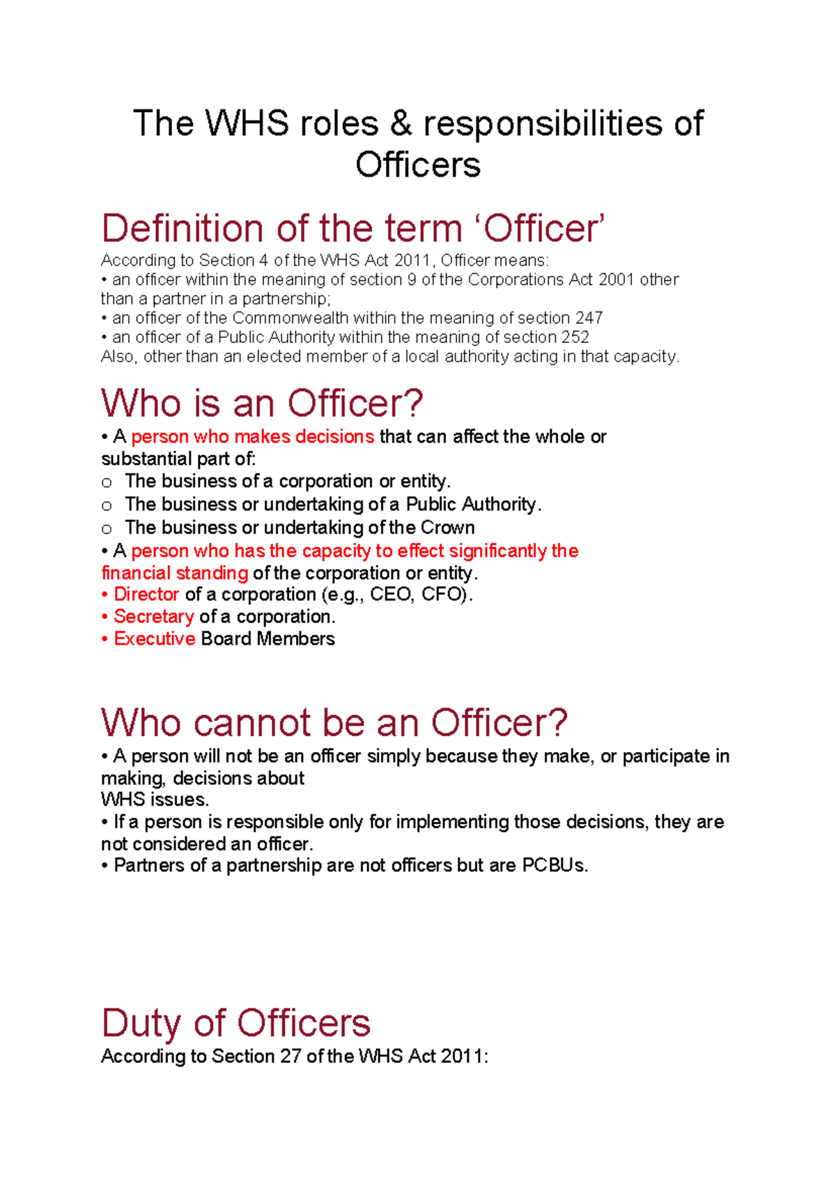 Work safety 3 - The WHS roles & responsibilities of Officers Definition ...