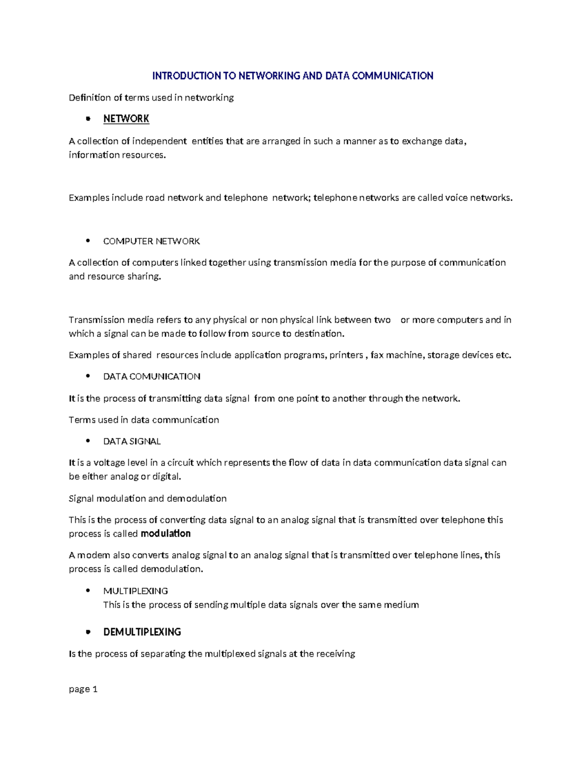 Introduction TO Networking AND DATA Communication - INTRODUCTION TO ...