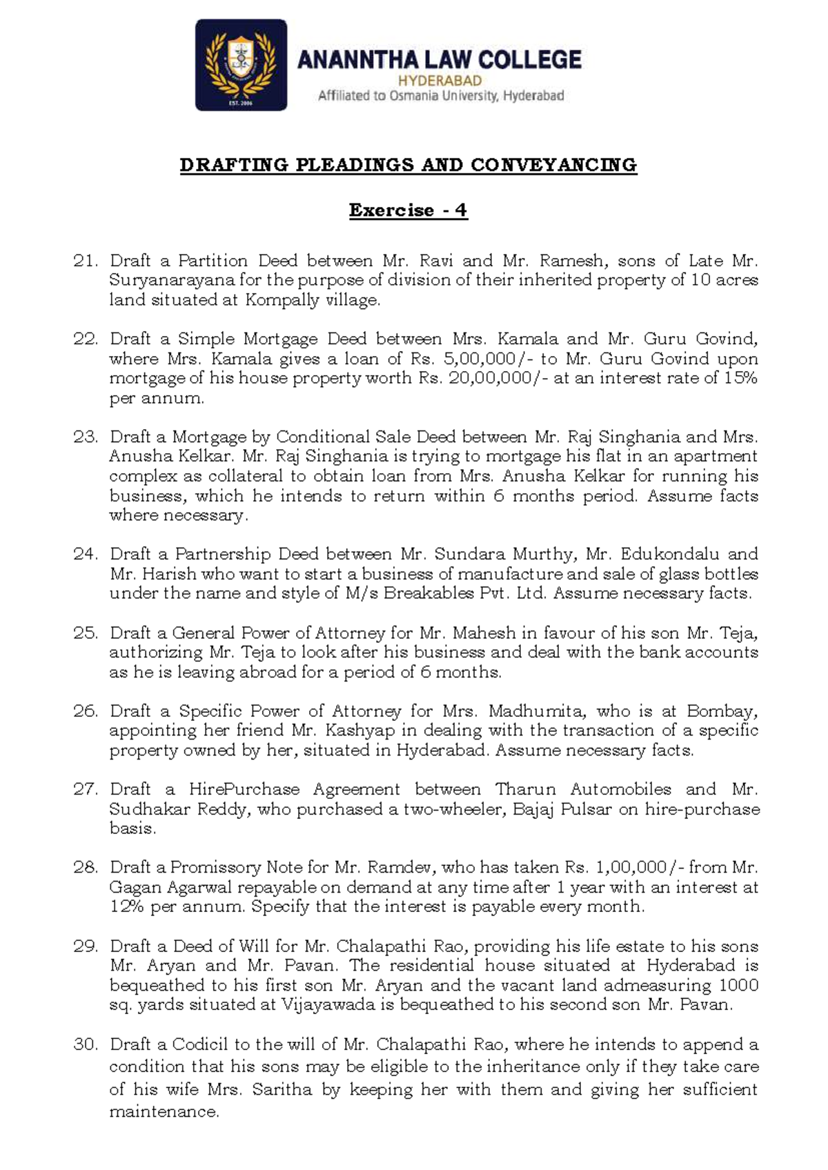 2025 - DPC Exercise 04: Drafting Legal Deeds and Agreements - Studocu