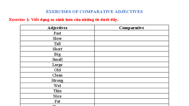 Exercises on Comparative Adjectives: Practice & Application - Studocu