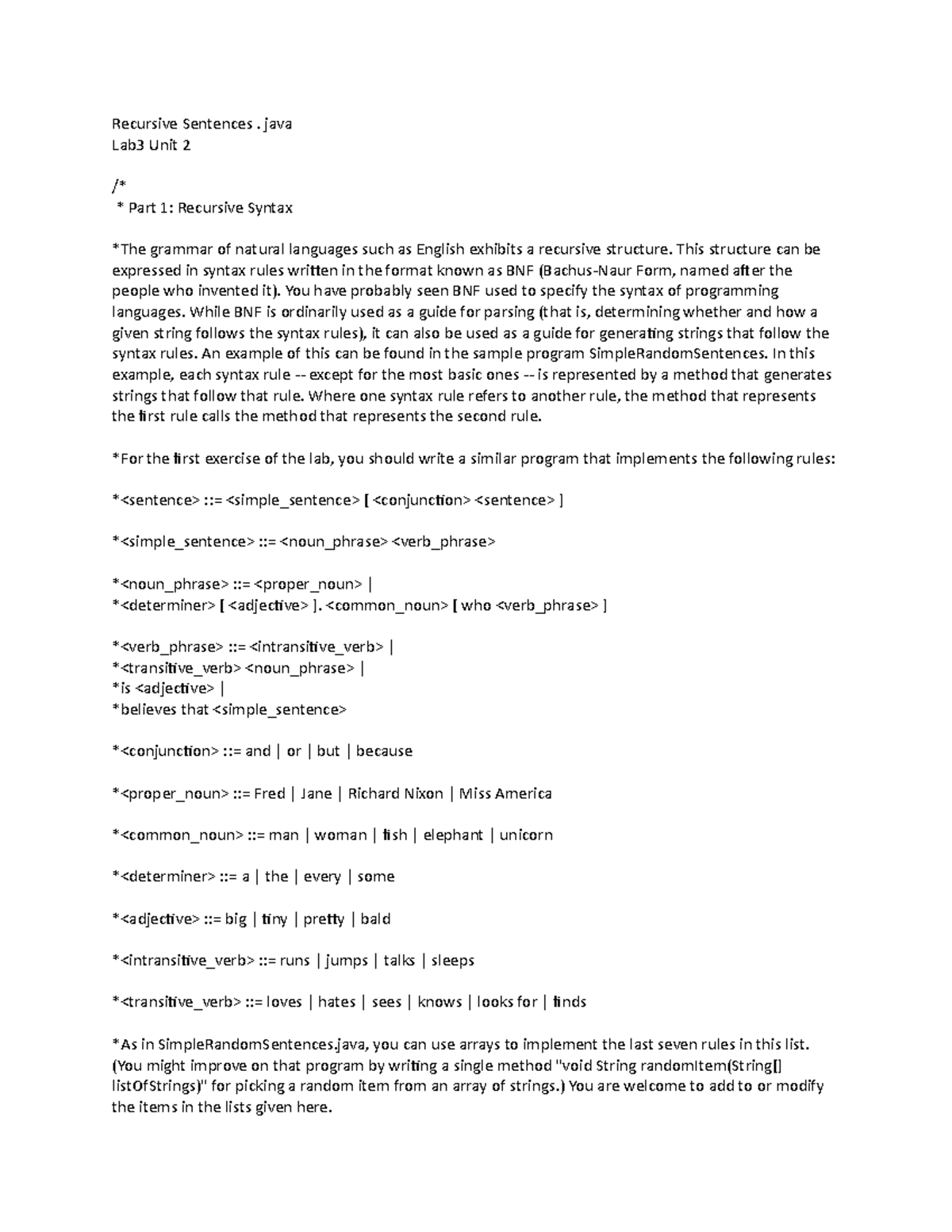 Recursive Sentences . java - Unit2 Lab3 - Recursive Sentences. java ...