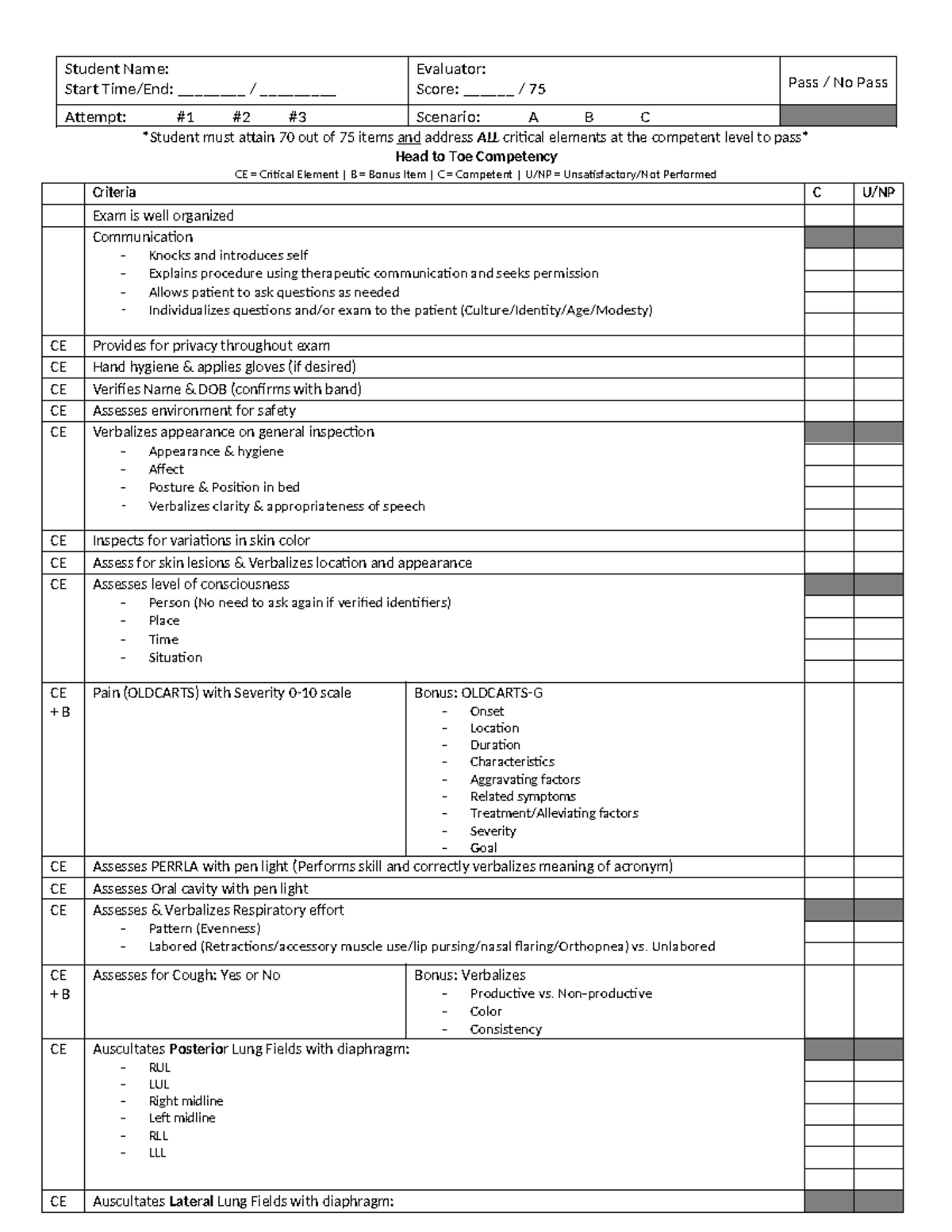 Head to Toe Competency Evaluation - Score: 75 (Final Exam) - Studocu