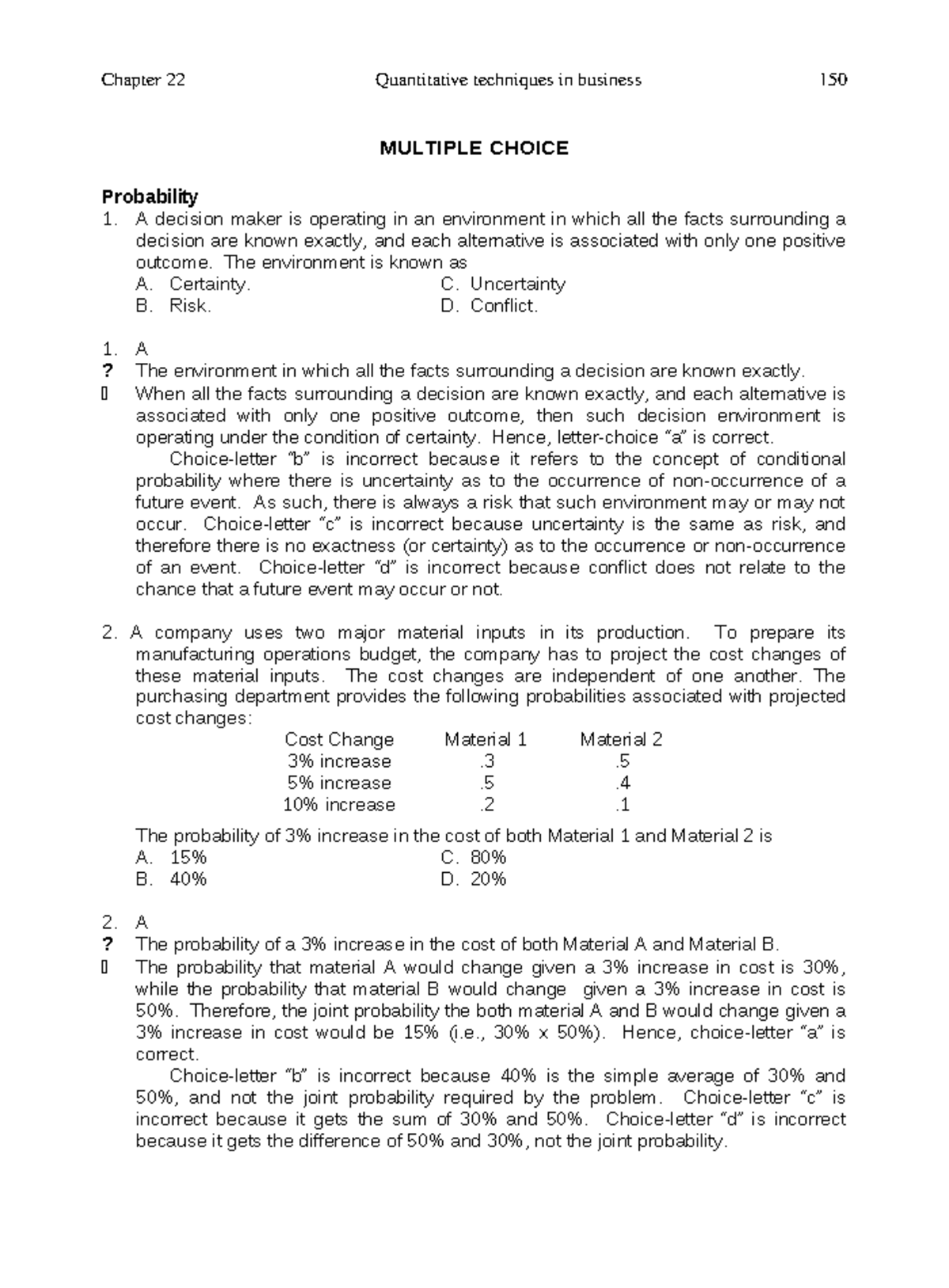 Chap 22: MCQs on Quantitative Techniques and Probability Analysis - Studocu