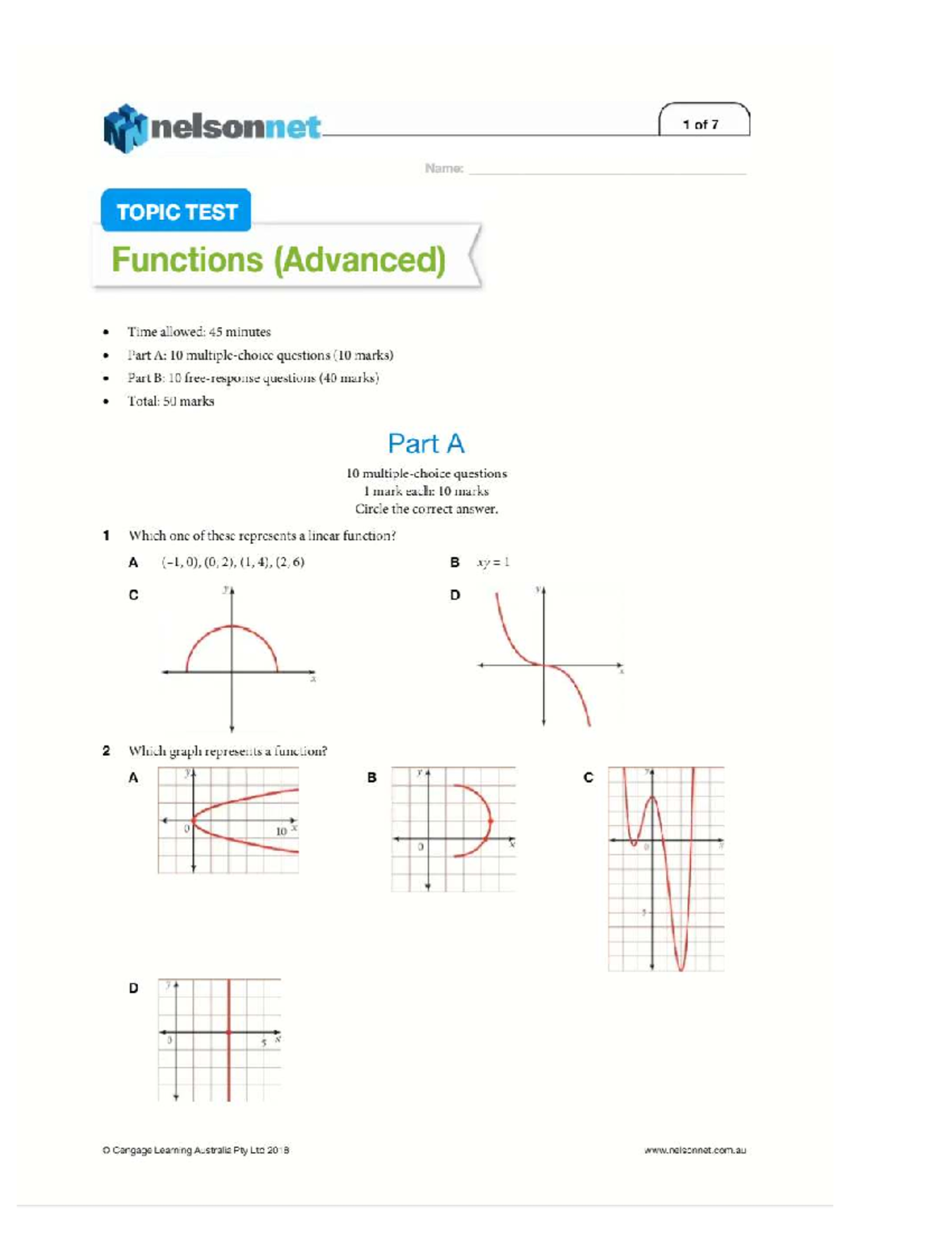 Advanced Functions Topic Test (AF 1 of 7) - 45 Min - Studocu
