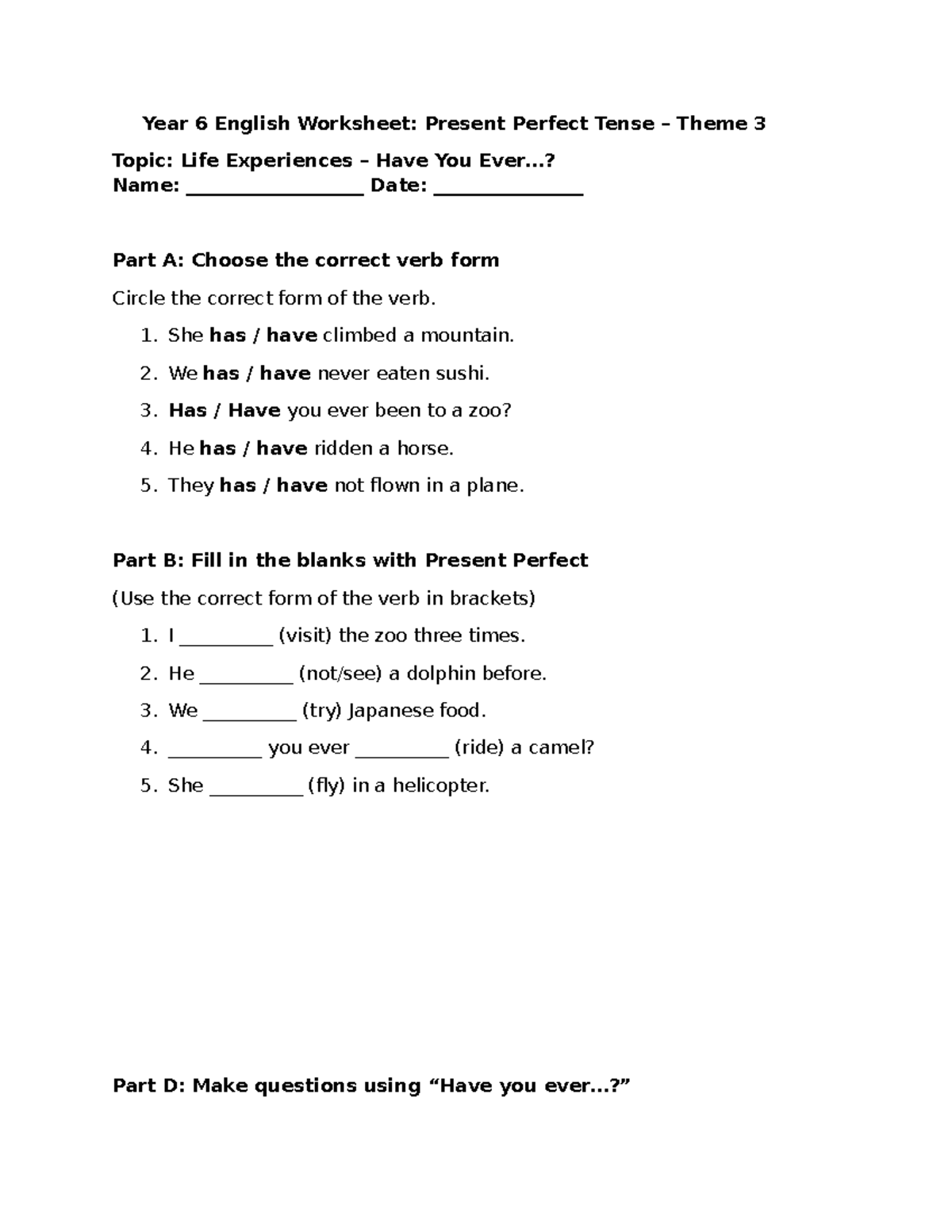 Year 6 English Worksheet: Present Perfect Tense - Life Experiences ...