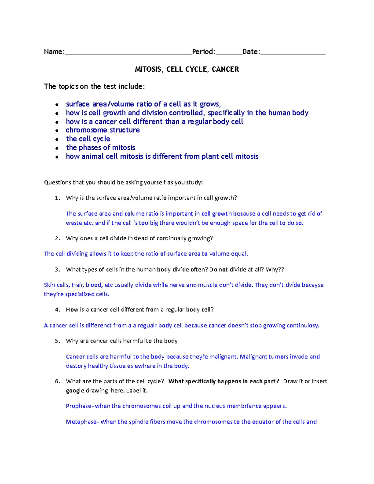 Study Guide for Mitosis, Cell Cycle, Cancer - Name ...