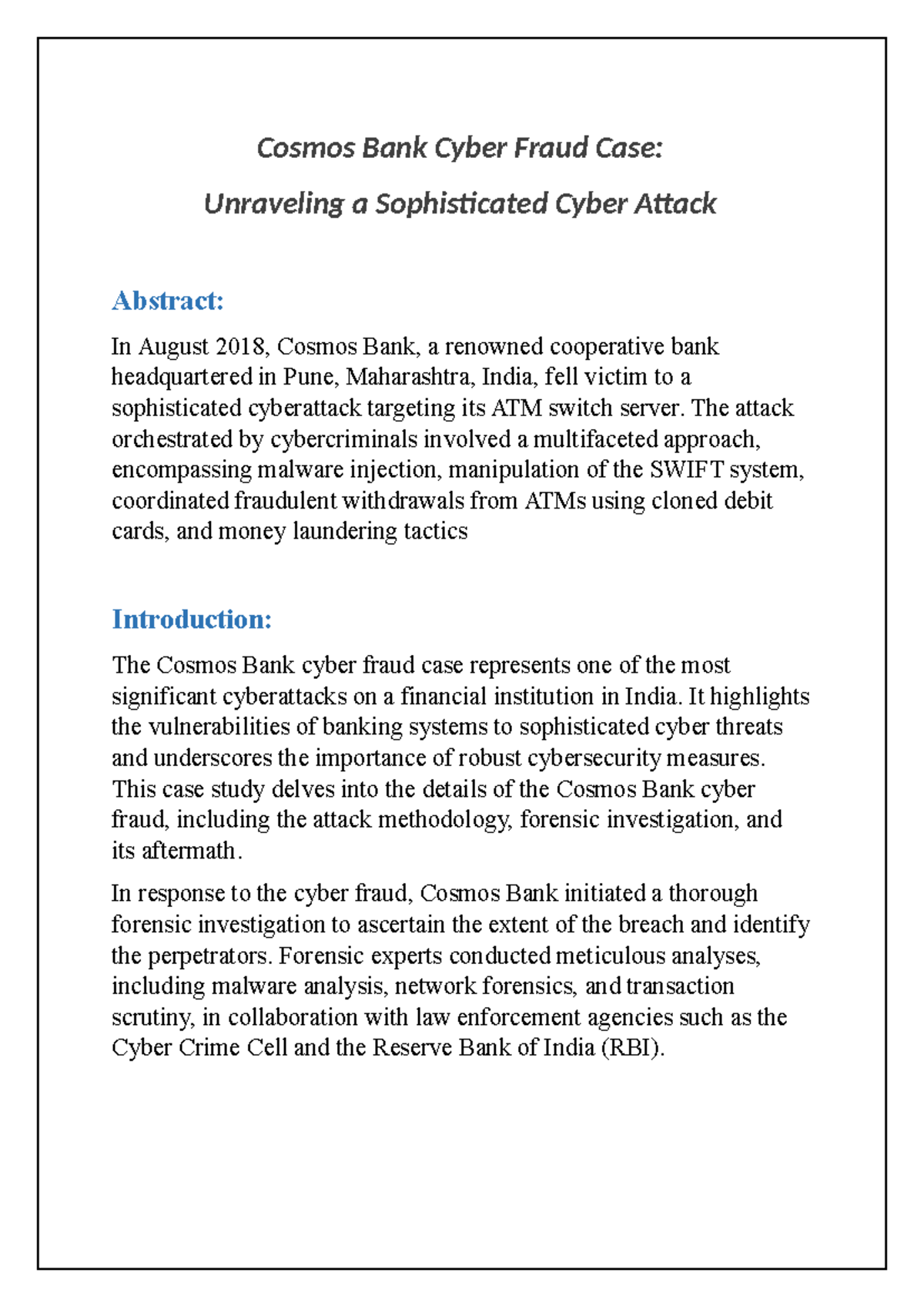 Cosmos Bank Cyber Fraud Case Study: Unraveling the 2018 Attack - Studocu
