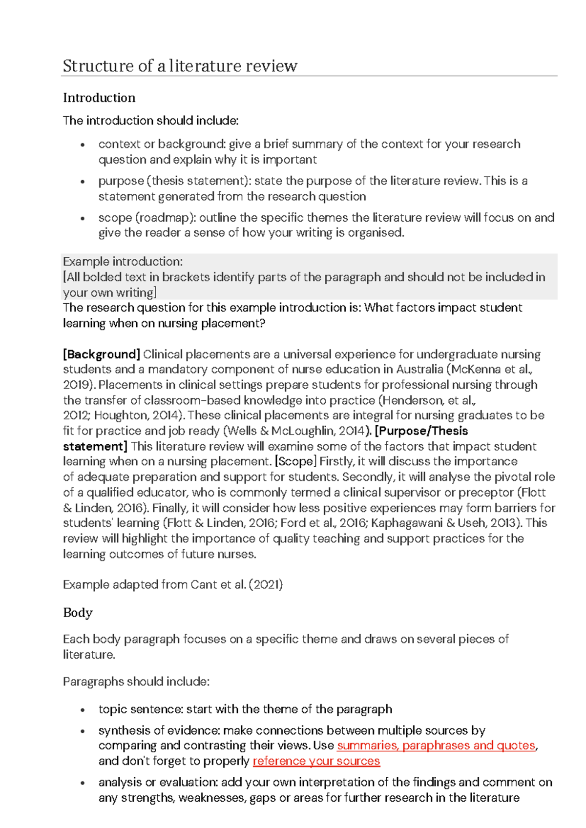 Structure of a Literature Review for Nursing - Effective Placement ...