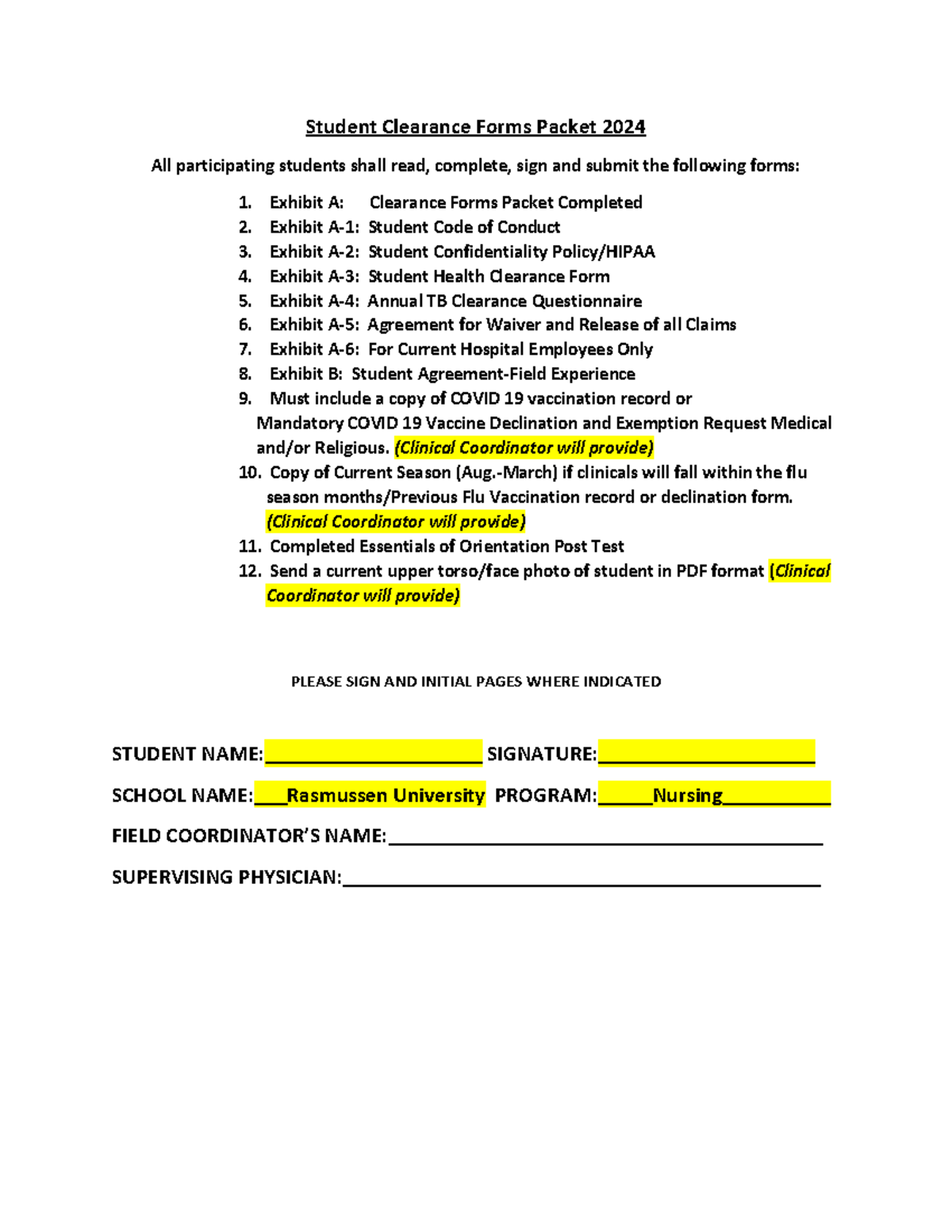 2024 Nursing Student Clearance Forms and Guidelines Packet - Studocu