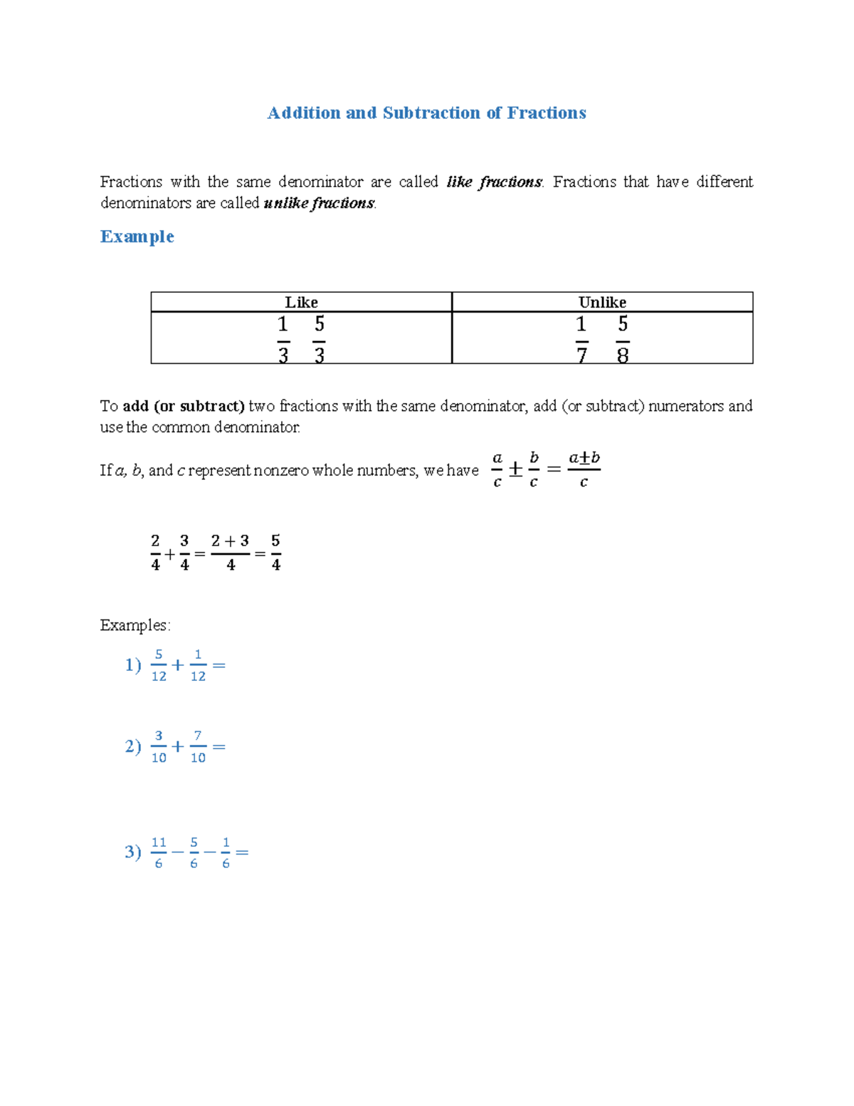 Addition and Subtraction of Fractions: Concepts & Examples - Studocu
