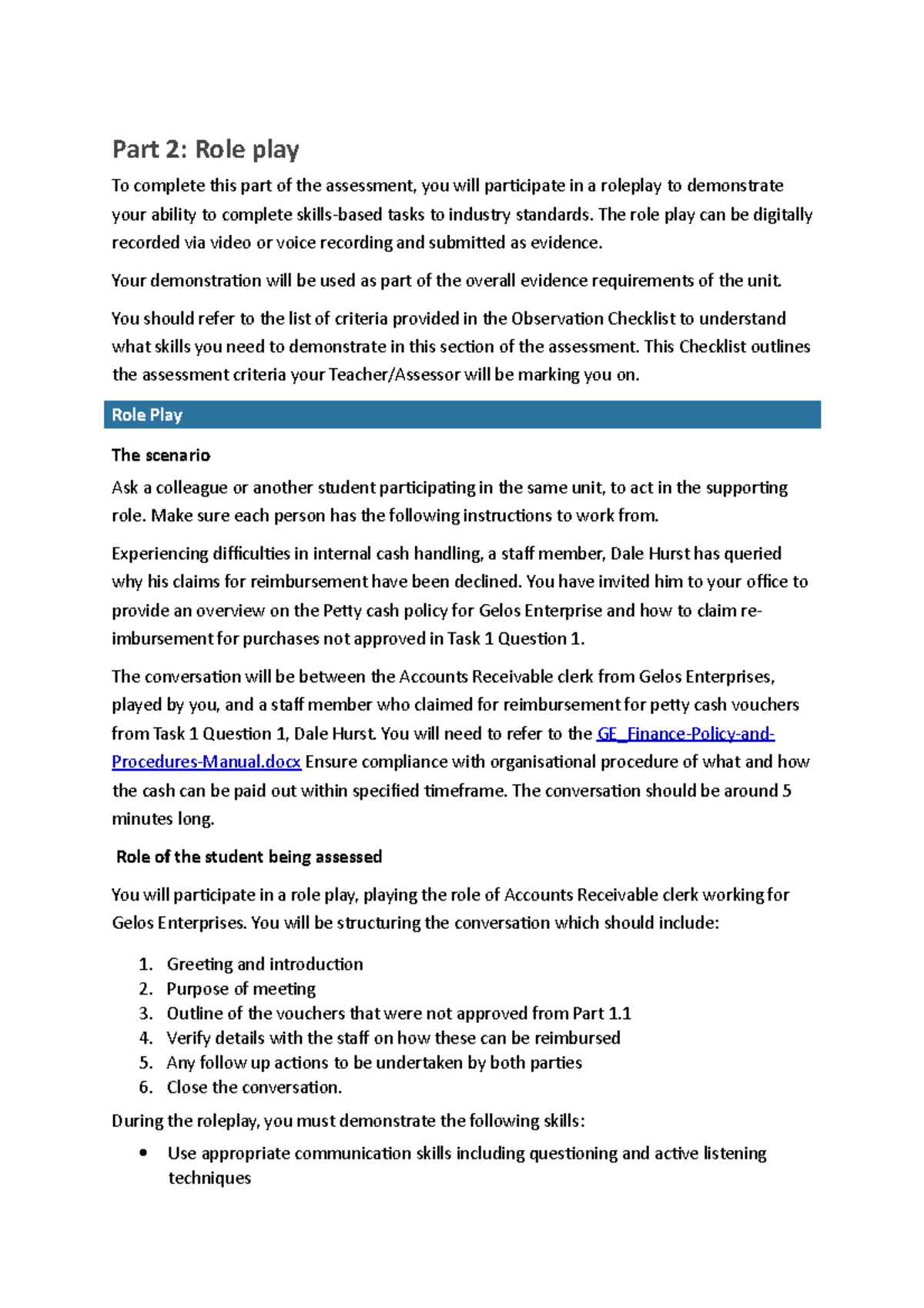 Assessment Skills Part 2: Role Play Practice for Unit GE101 - Studocu