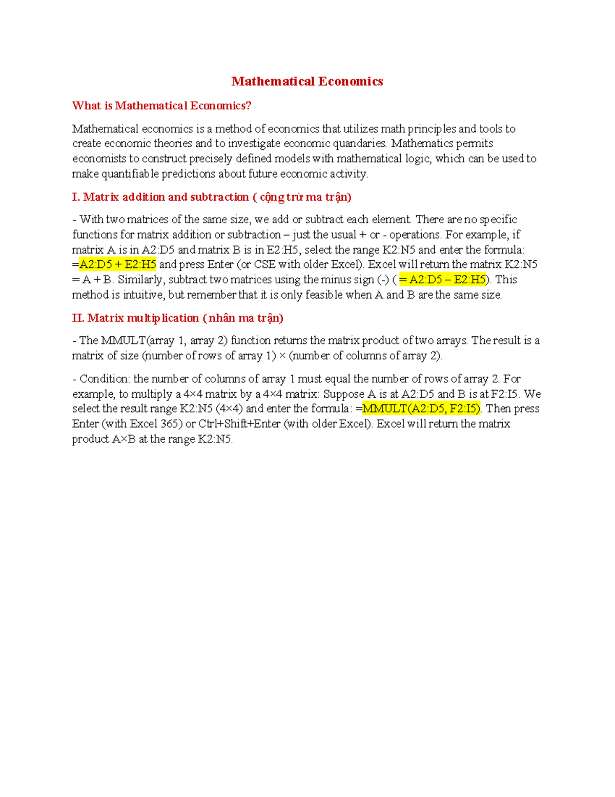 Mathematical Economics: Key Concepts and Matrix Operations - Studocu