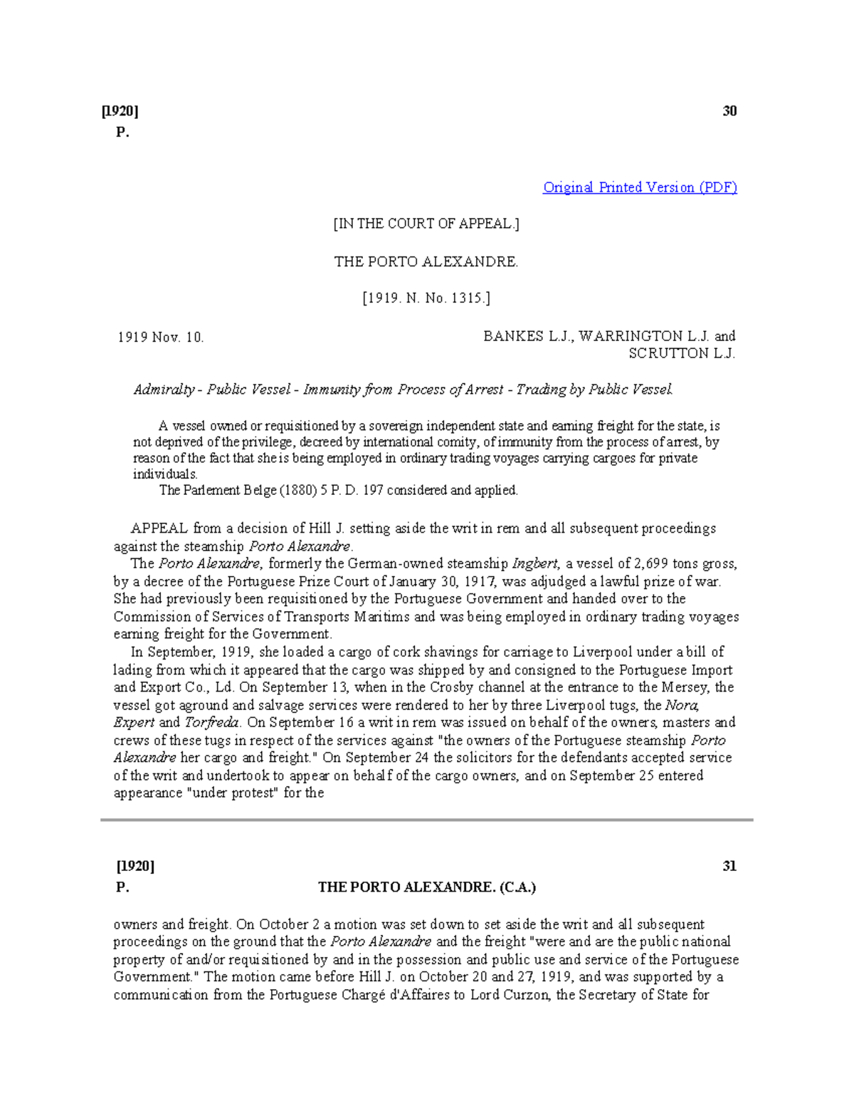 Porto Alexandre Case - Admiralty Law Immunity Analysis - Studocu
