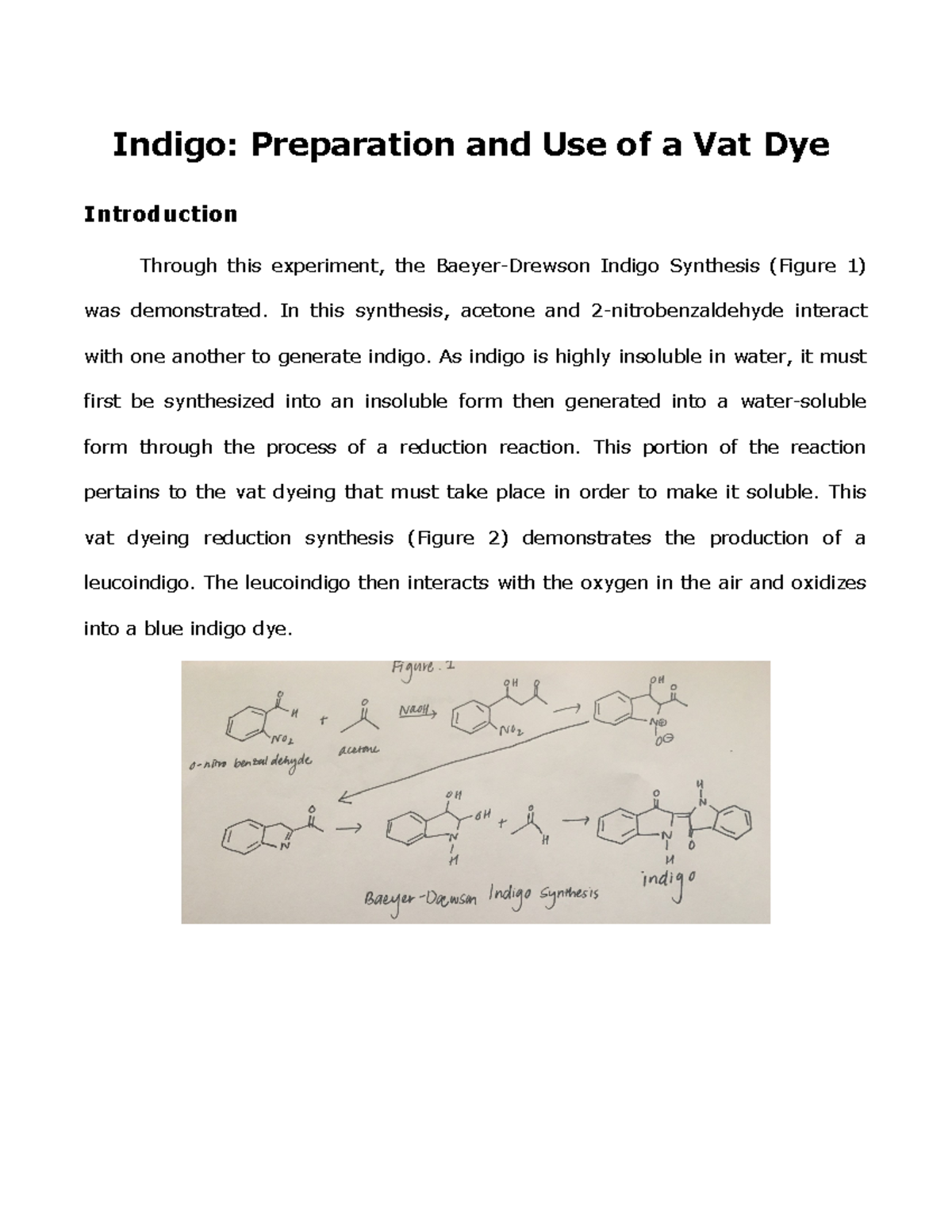 Indigo Synthesis & Vat Dyeing - Experiment 2 Report - Grade A - Studocu