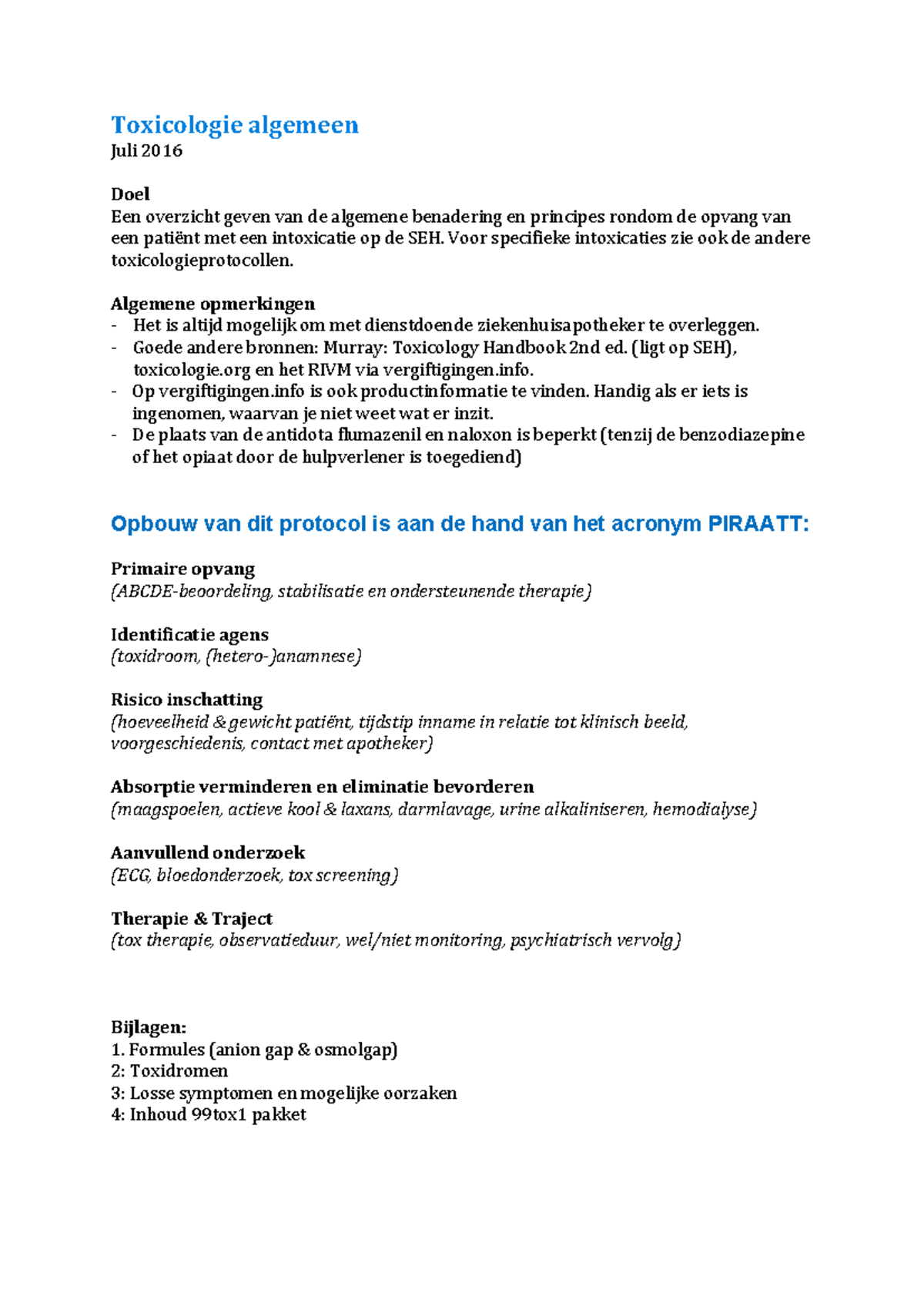 Algemeen Protocol Intoxicatie: Richtlijnen SEH 070716-3 - Studeersnel