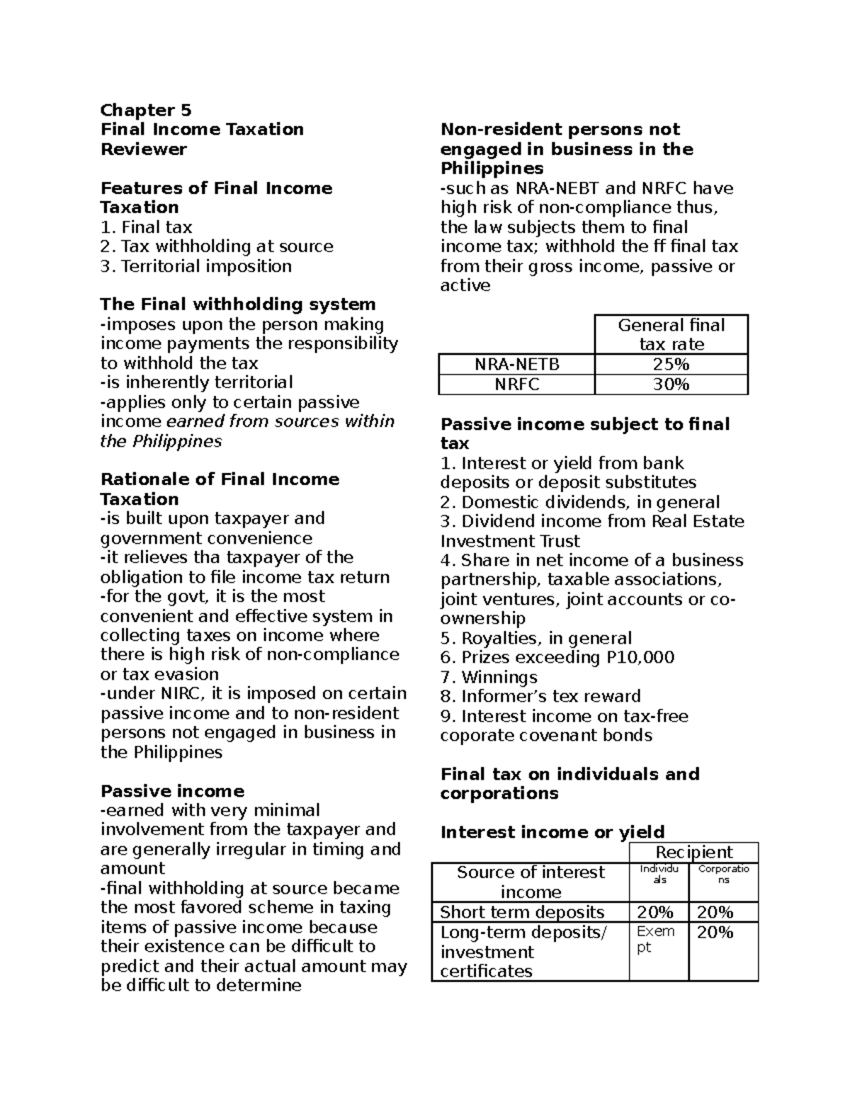 IT Banggawan Final Income Taxation Reviewer - Chapter 5 Insights - Studocu