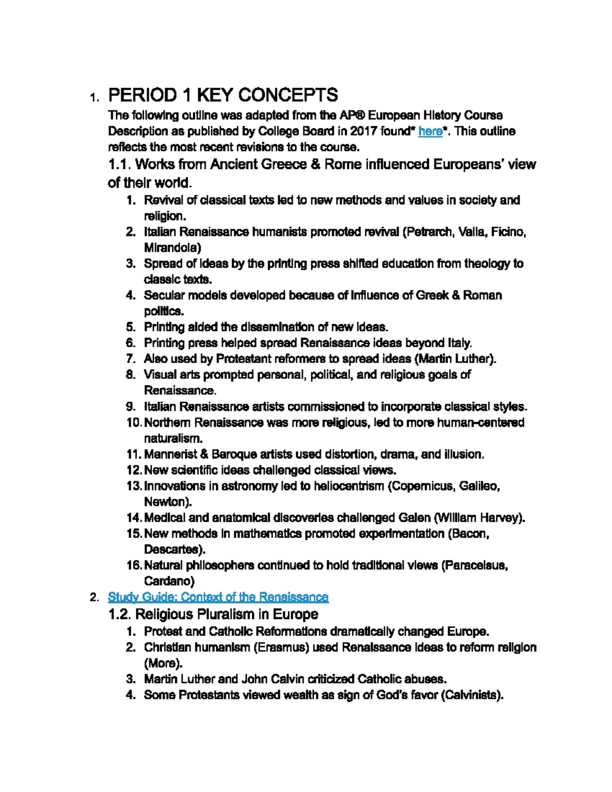 AP Euro: Period 1 Key Concepts & Context of the Renaissance - Studocu