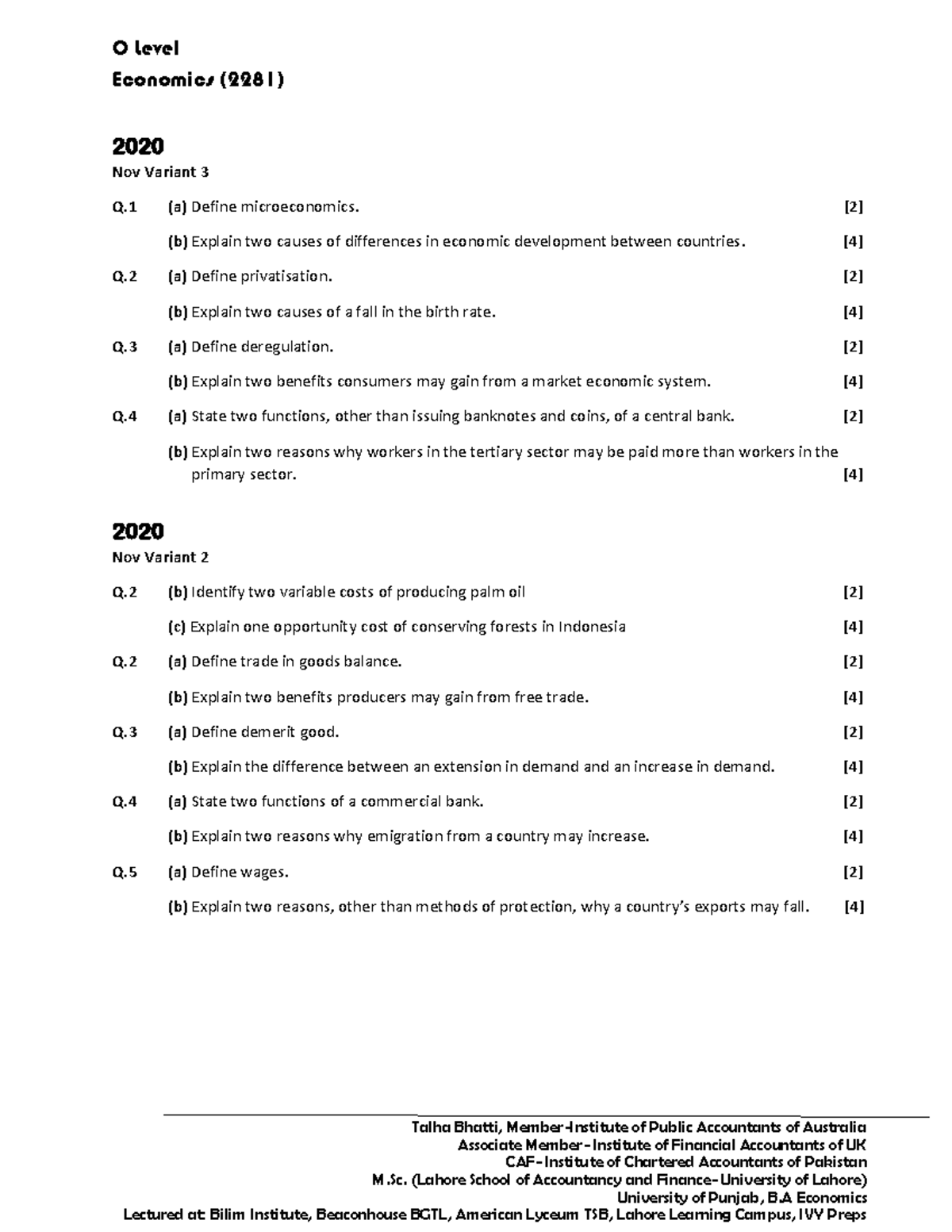 O Level Economics (2281) 2020 Nov Variant 3 Definitions Test - Studocu