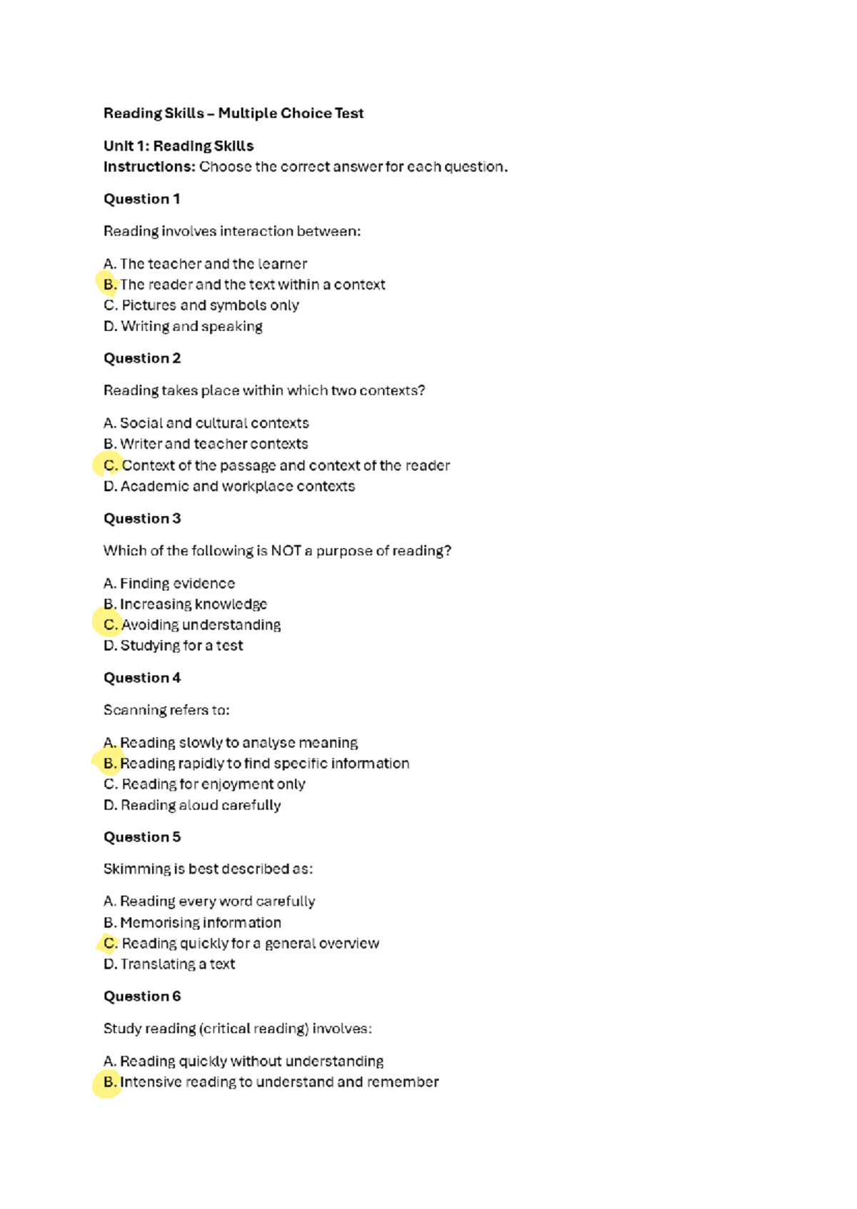 Reading Skills Quiz: Unit 1 MCQ on Reading Comprehension - Studocu
