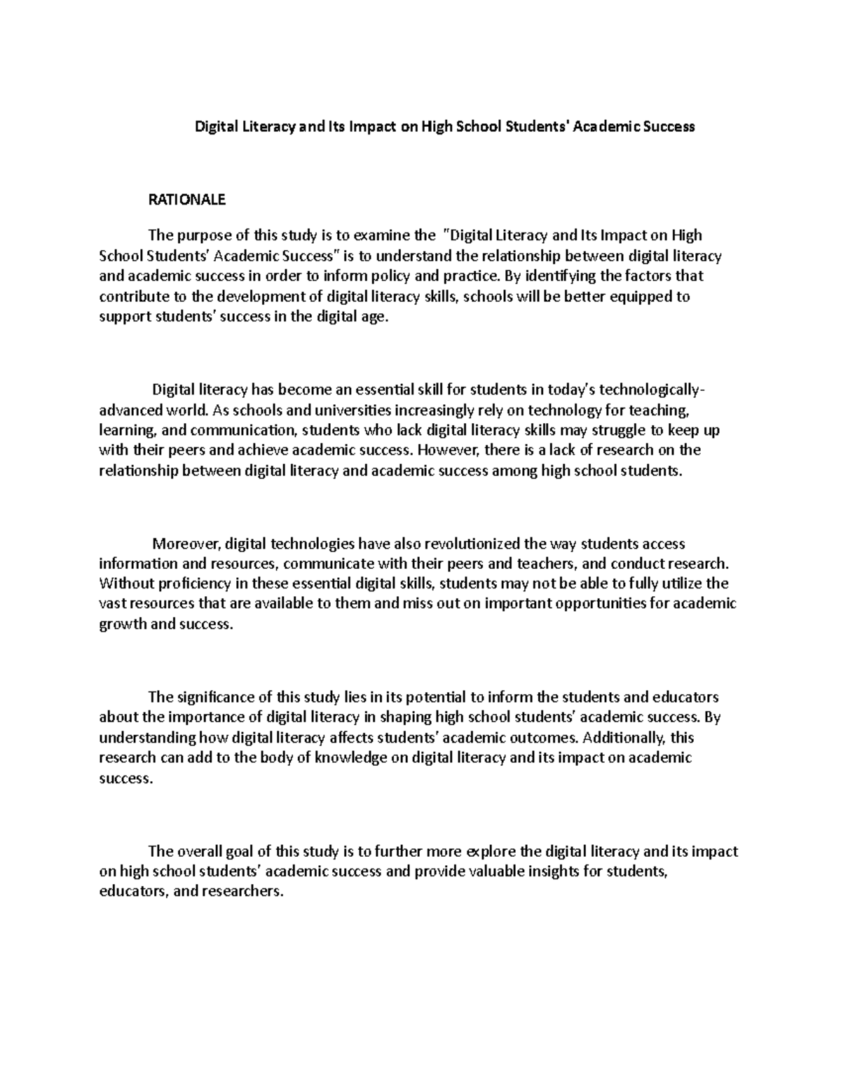 Rationale SOP: Impact of Digital Literacy on HS Students' Success - Studocu