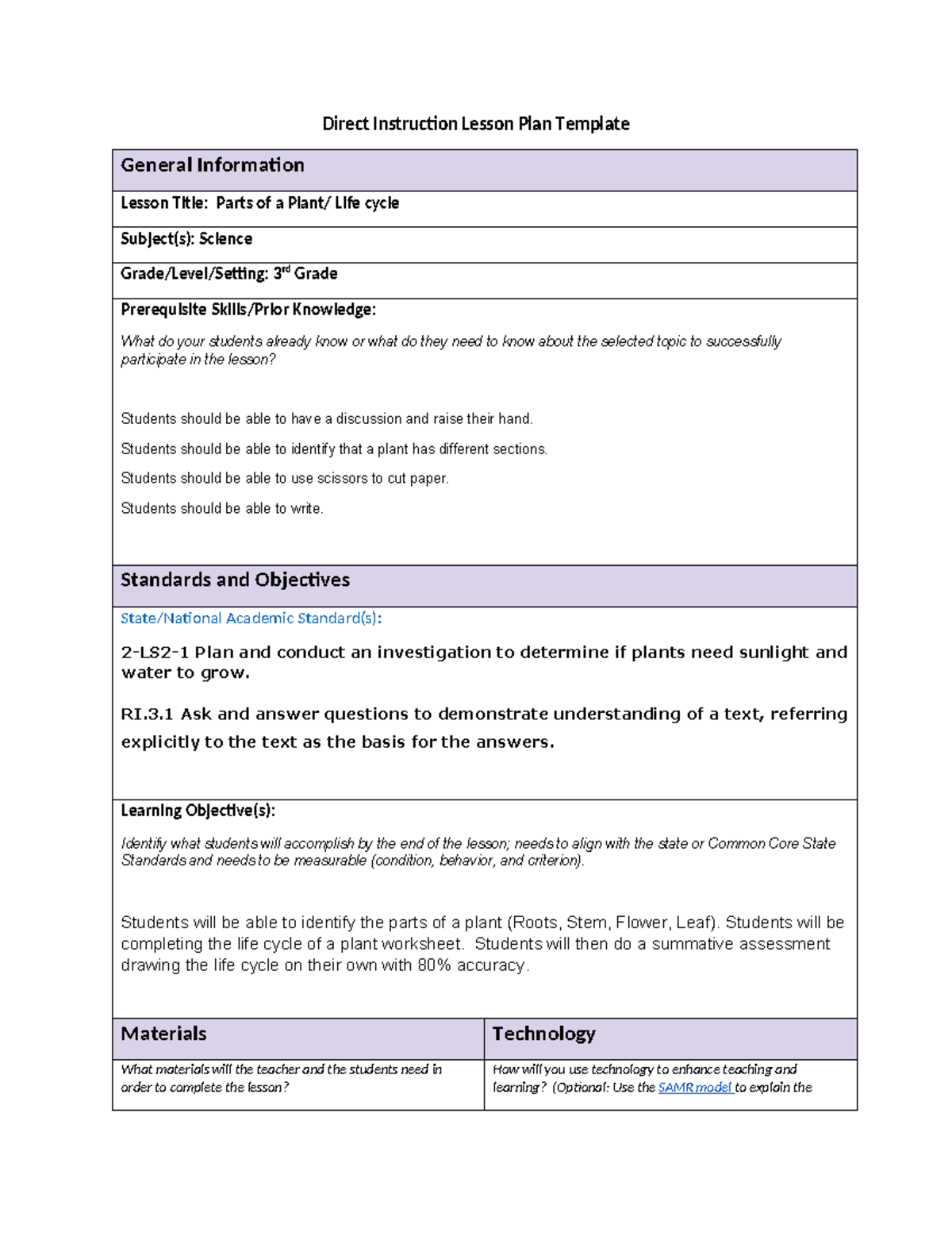 3rd Grade Science Lesson Plan: Parts of a Plant & Life Cycle - Studocu