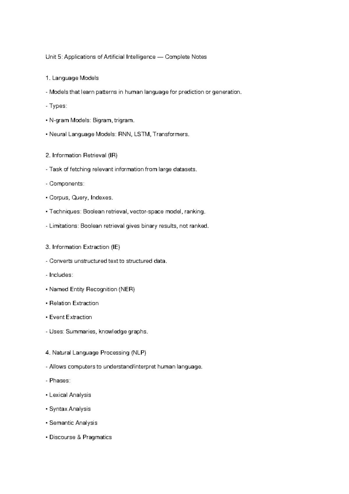 AI Unit 5: Comprehensive Notes on AI Applications and Techniques - Studocu
