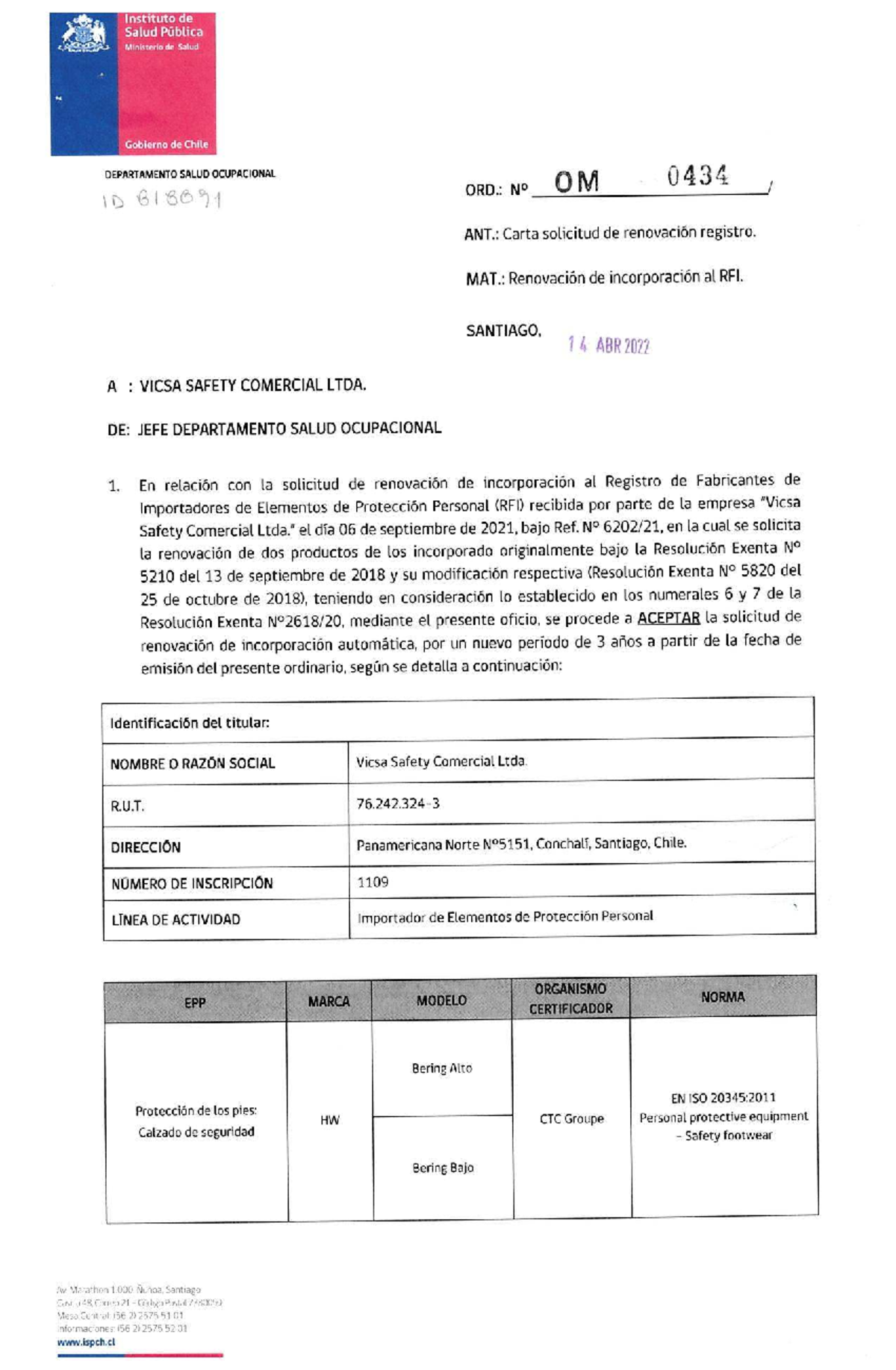 Certificado de Renovación RFI para Calzado de Seguridad 2024 - Studocu