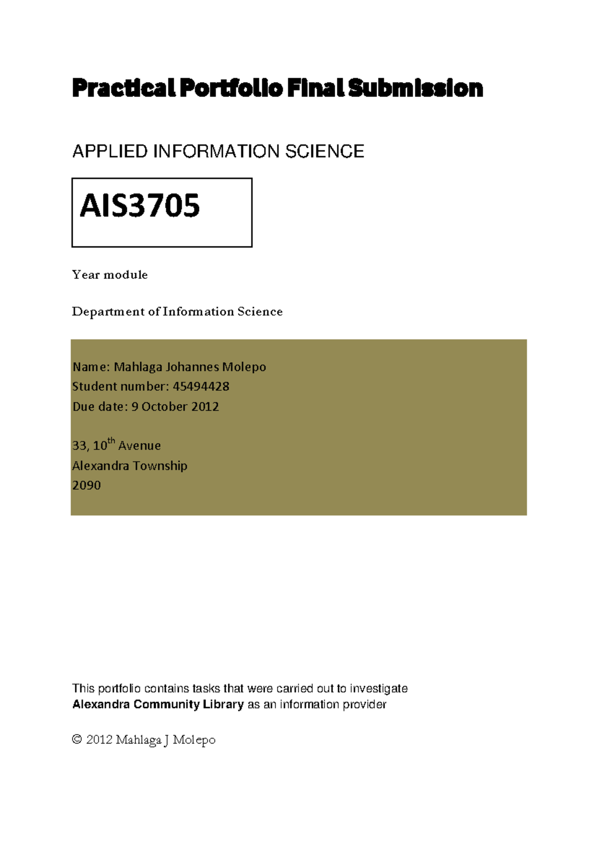 AIS3705 Practical Portfolio Final Submission: Alex San Community ...
