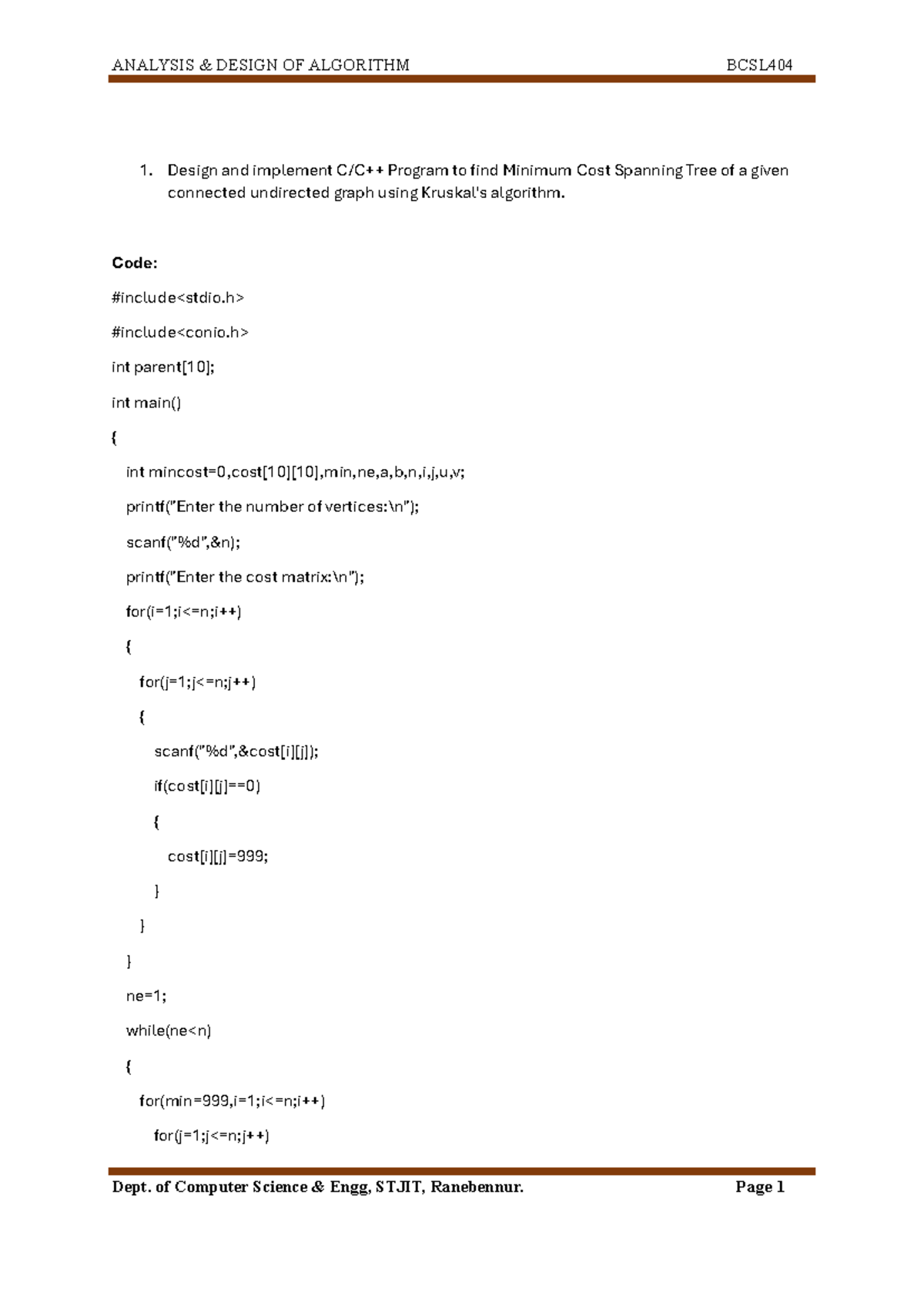Analysis and Design of Algorithms Manual BCSL404 - Studocu