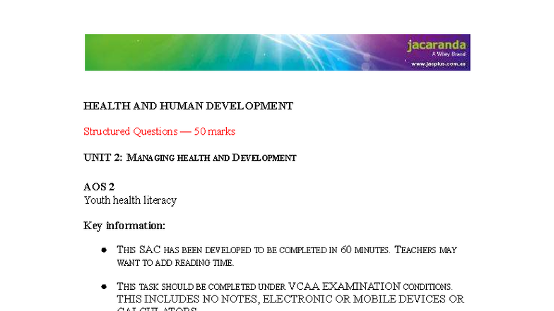VCE Health and Human Development Unit 2 AOS 2 Practice SAC Answer Guide ...