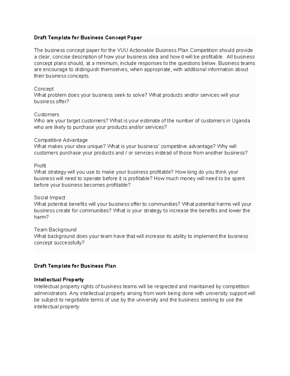 VUU Business Concept Paper Draft Template for Competition - Studocu