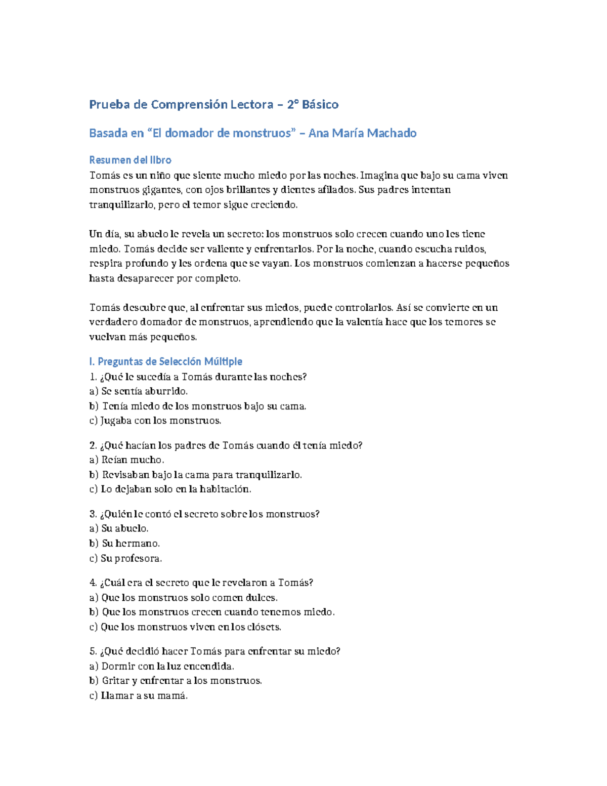 Prueba de Comprensión Lectora: El Domador de Monstruos - Studocu