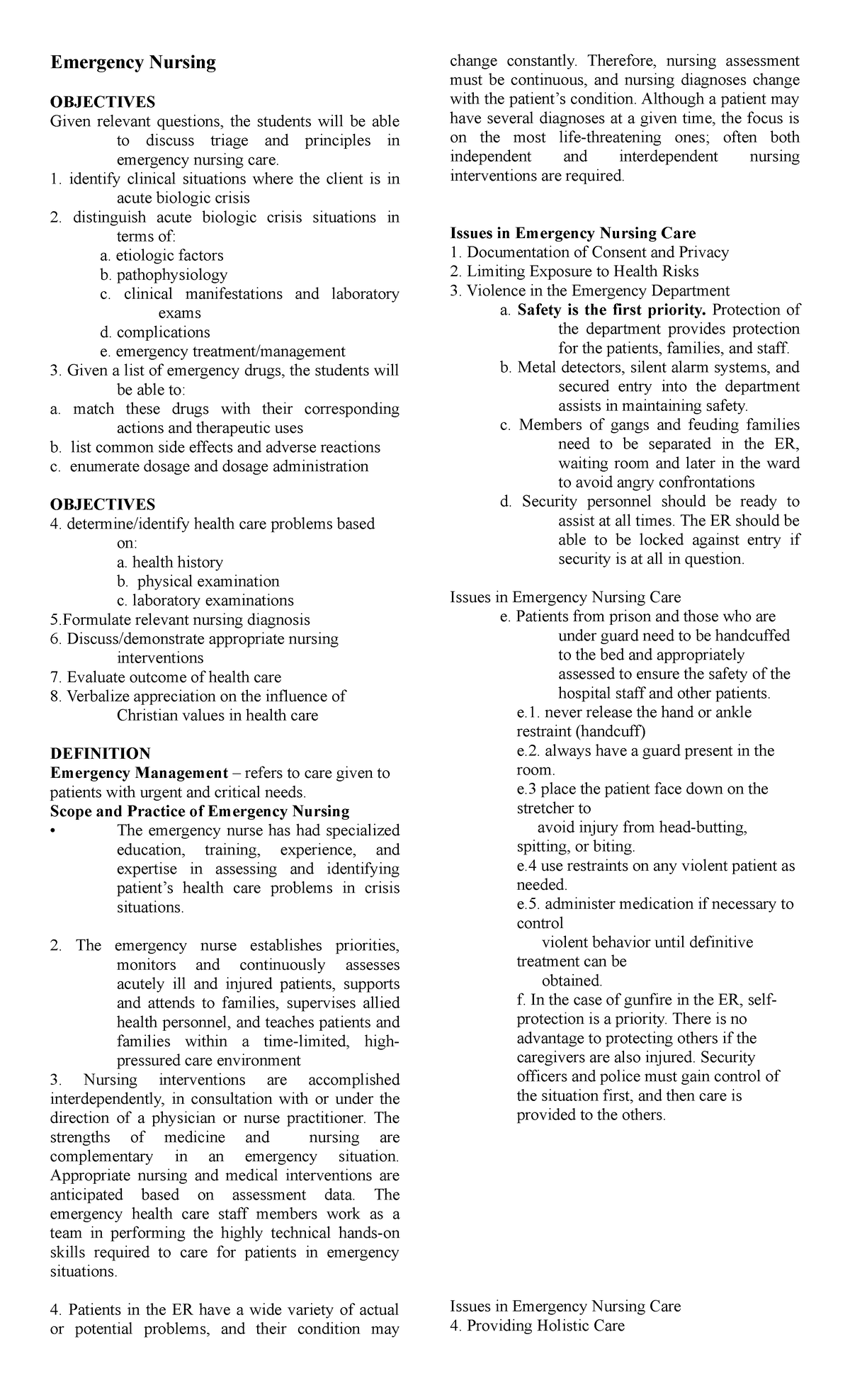 Emergency Nursing- handout - Emergency Nursing OBJECTIVES Given ...