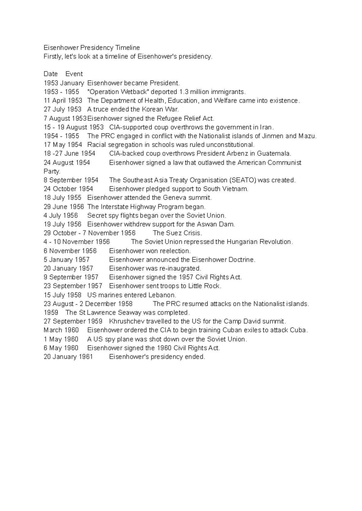 Eisenhower Presidency Timeline: Key Events from 1953 to 1961 - Studocu