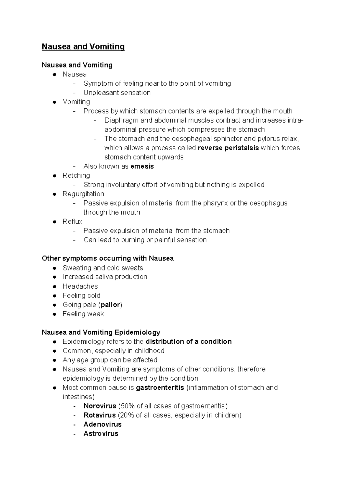 Nausea and Vomiting: Comprehensive Notes for Medical Study - Studocu