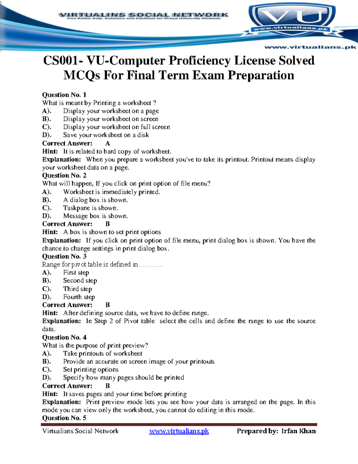 Final, answers - CS001- VU-Computer Proficiency License Solved MCQs For ...
