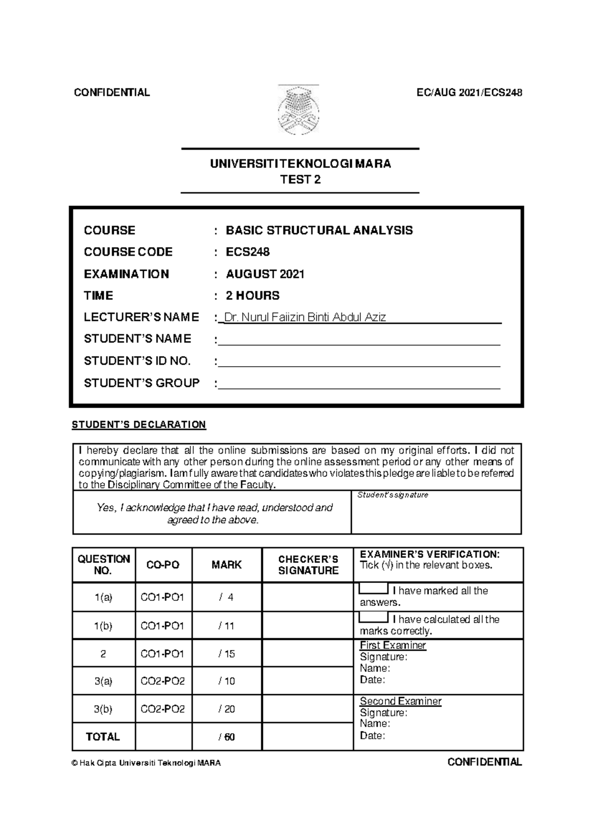 ECS248 Test 2: Basic Structural Analysis Examination August 2021 - Studocu