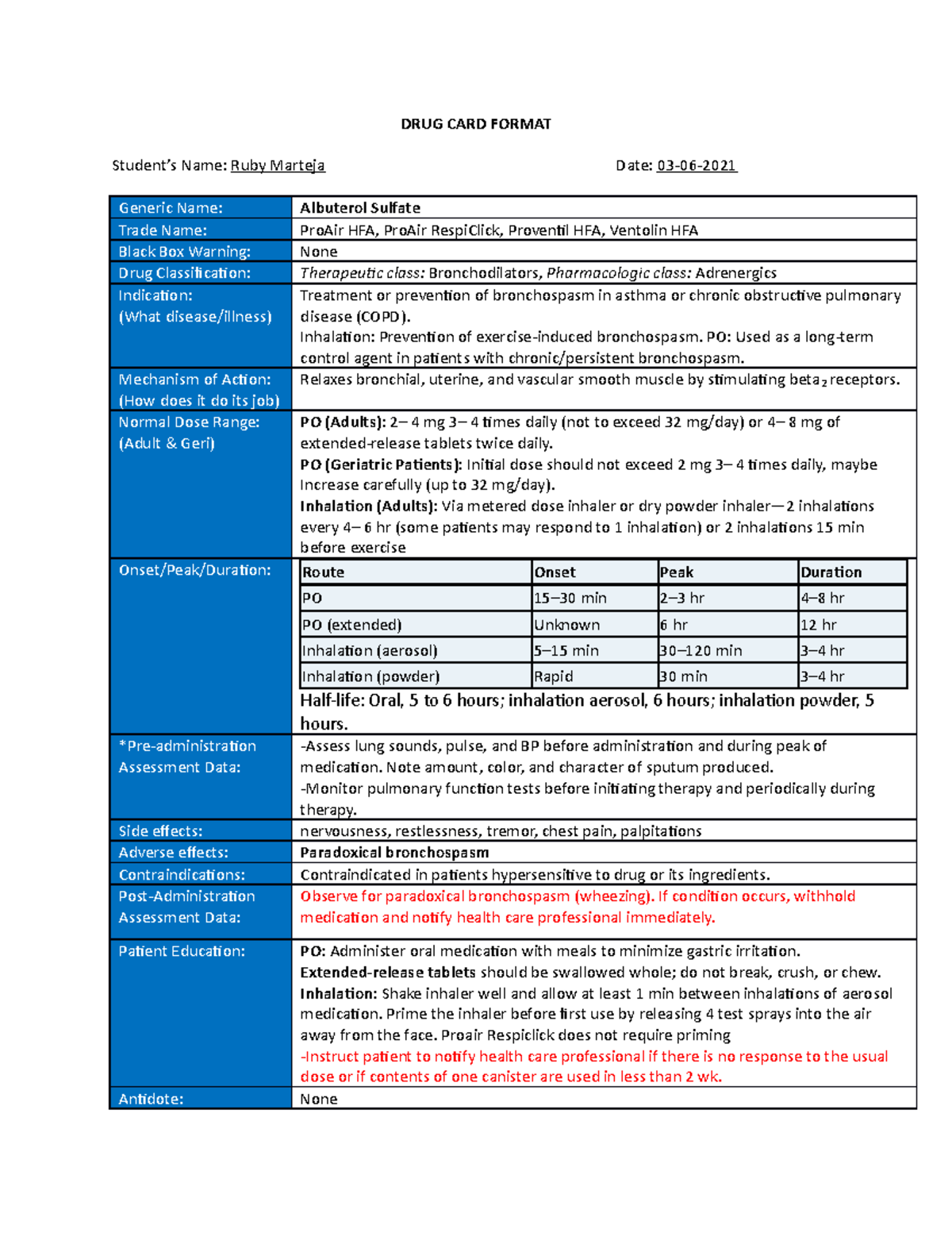 Albuterol Sulfate Drug Card - Key Information for Med Students - Studocu
