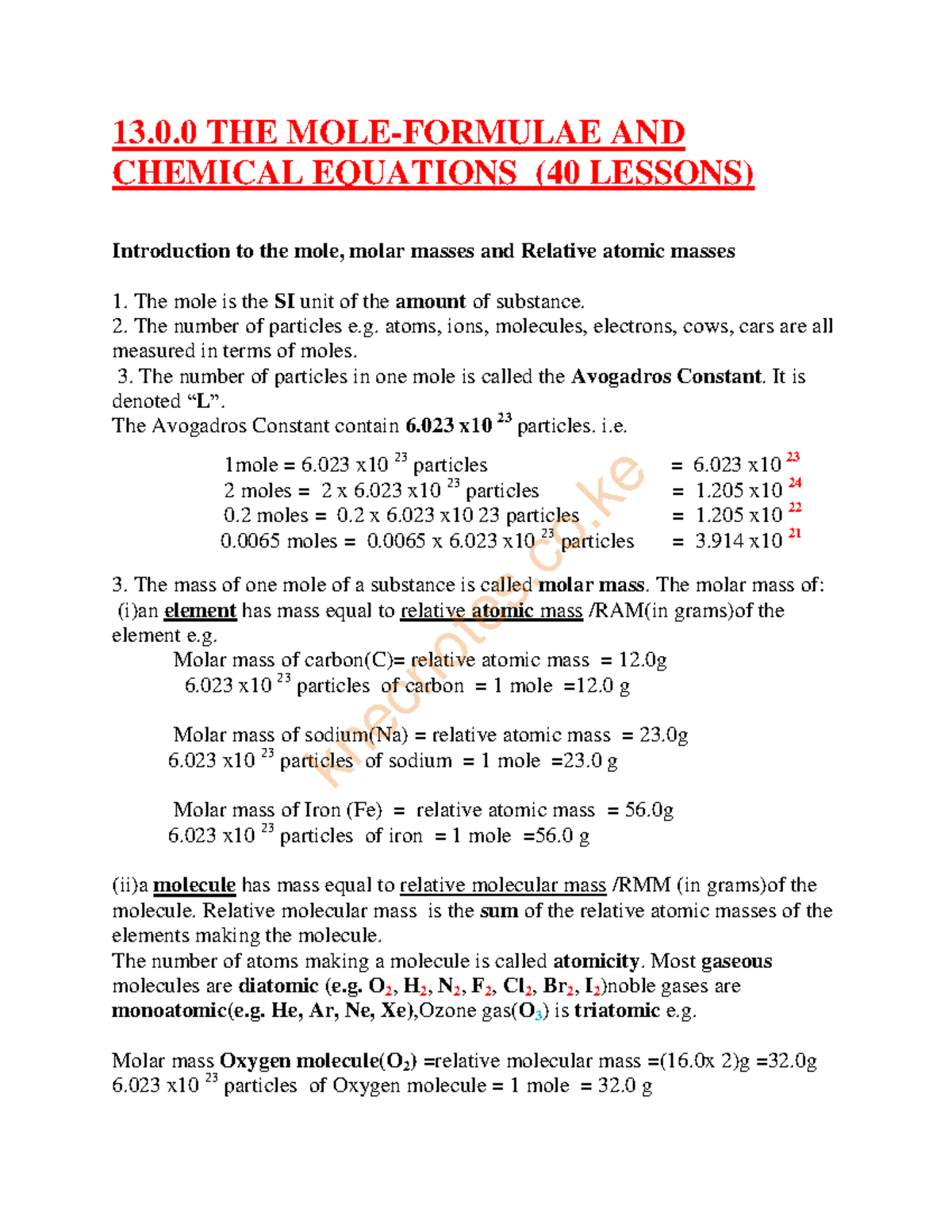 13.0.0 CHEMICAL EQUATIONS & MOLE CONCEPT (40 LESSONS) - Studocu