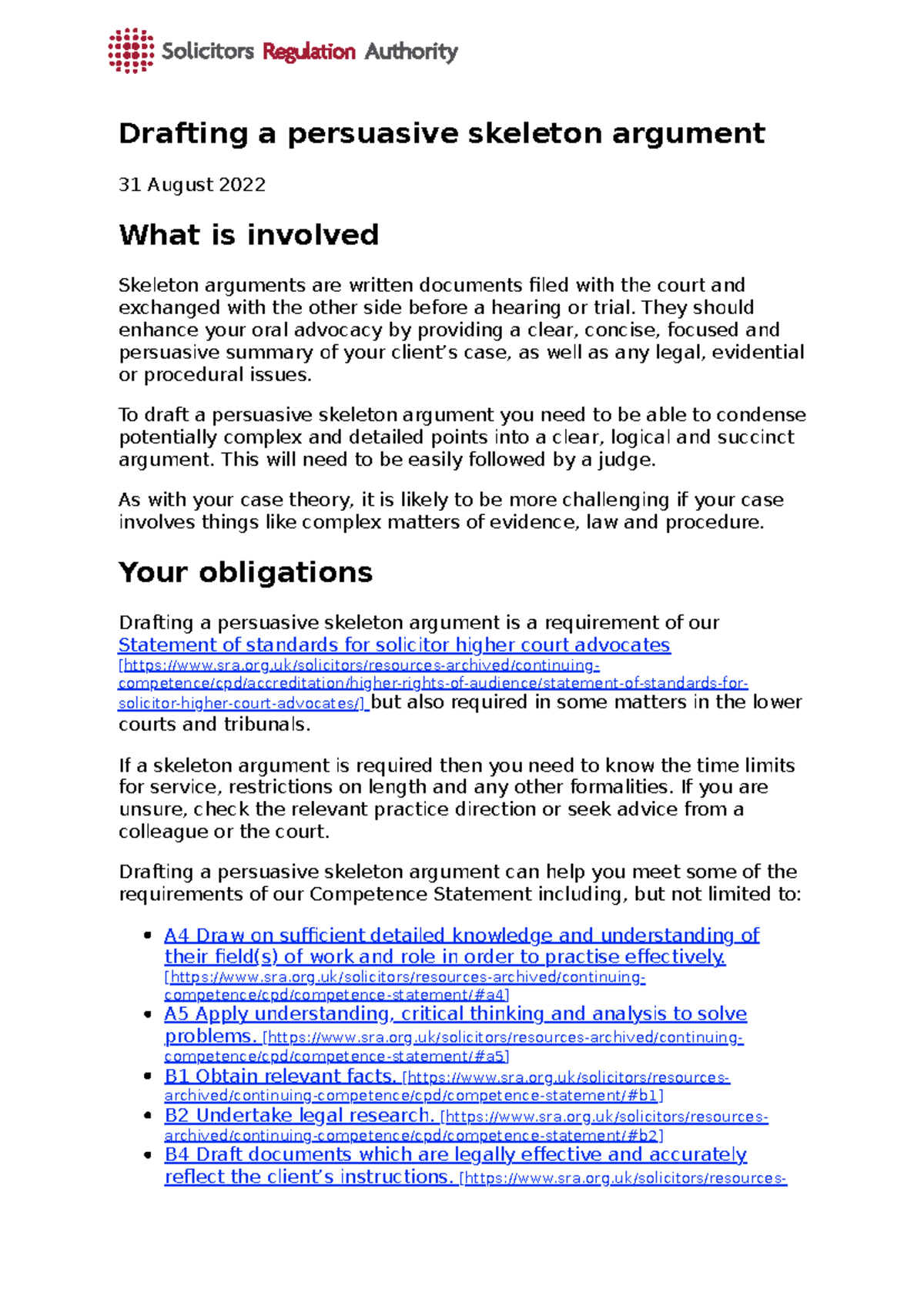 Drafting a Persuasive Skeleton Argument: SRA Guide - Studocu