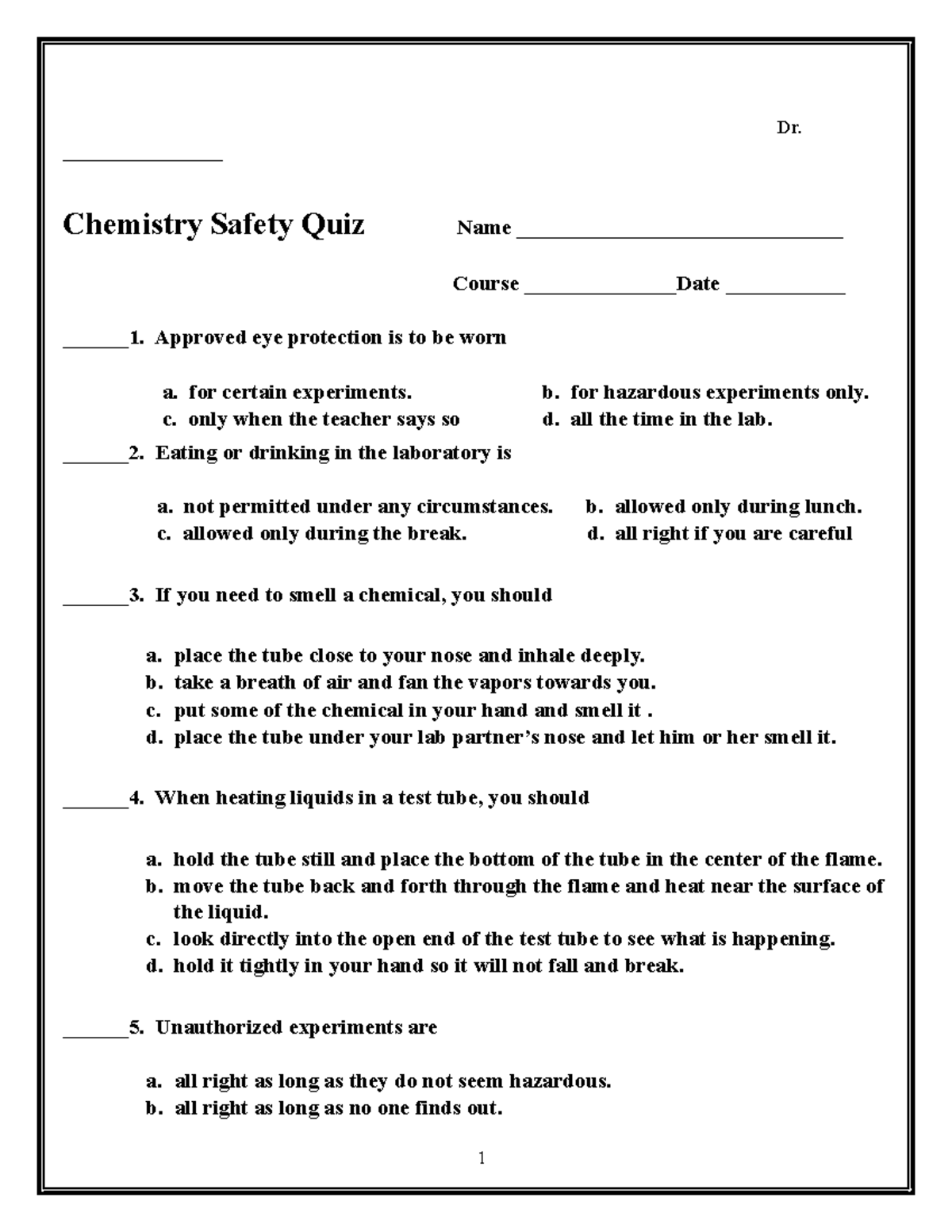 Chemistry Safety Quiz1 - Important Guidelines and Practices - Studocu