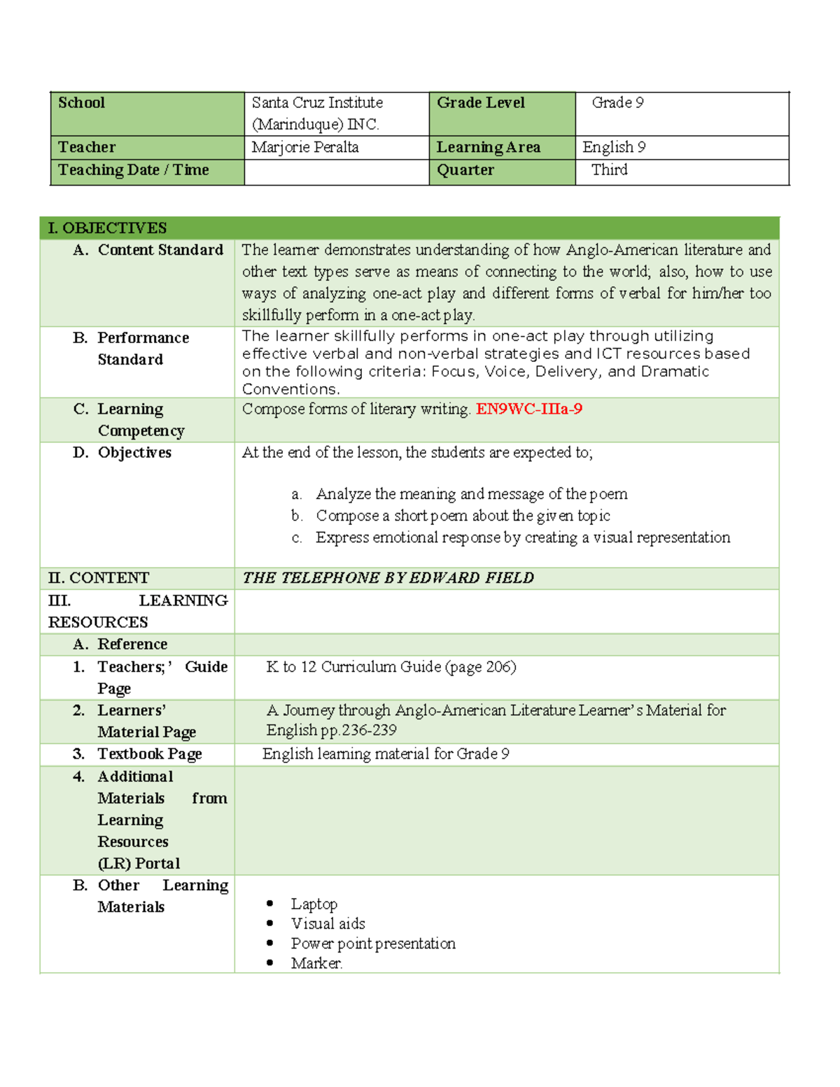 DLP: The Telephone - Literature Lesson Plan for Grade 9 - Studocu