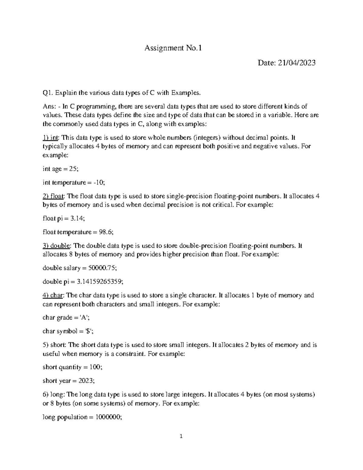 C Programming Assignment 1: Data Types, Storage Classes & Recursion - Studocu